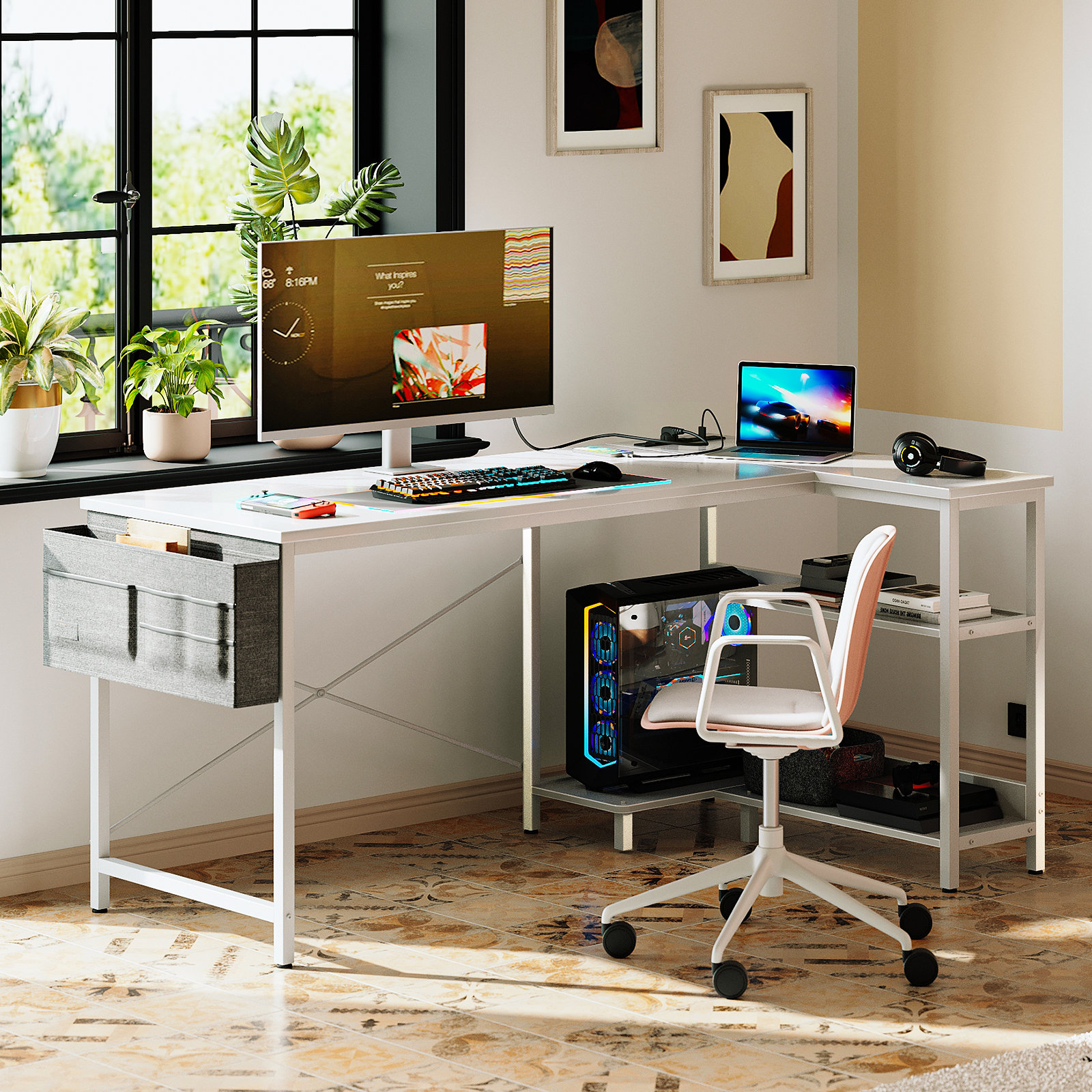 Inbox Zero Kirstey L-Shape Gaming Desk with Built in Outlets,Computer ...