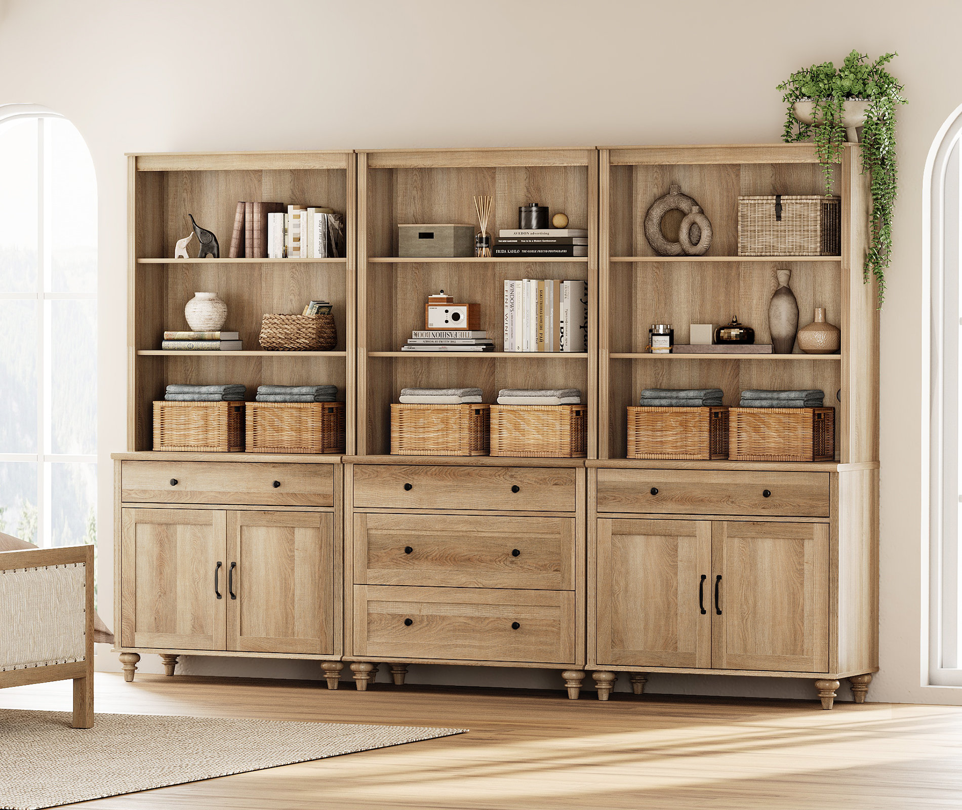 Darby Home Co Oak Bookcase With 5 Drawers And 2 Cabinets, Tall Book ...