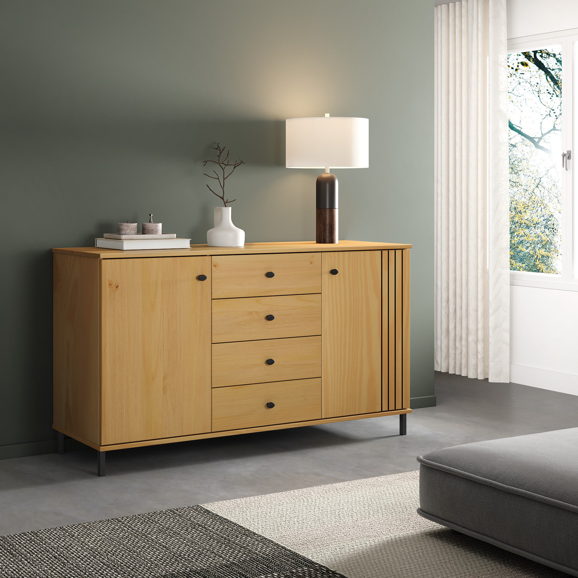 Latitude Run Rensel 140cm Wide 4 Drawer Pine Solid Wood Sideboard ...