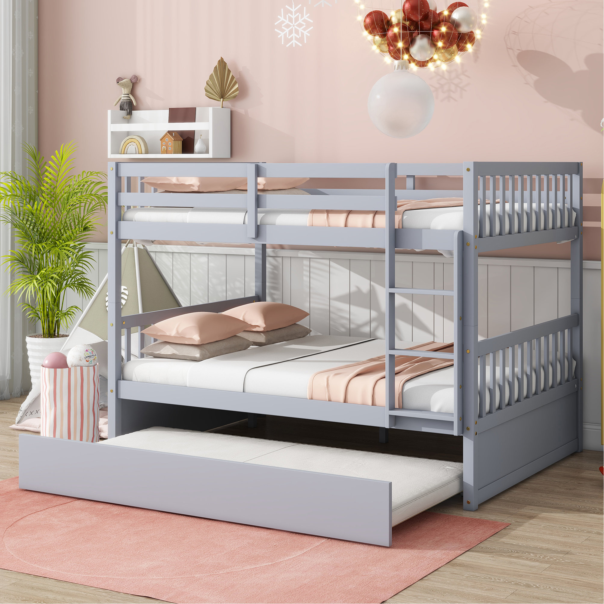 Latitude Run® Rubber Wood Bunk Bed With Trundle, Ladder And Guardrails ...