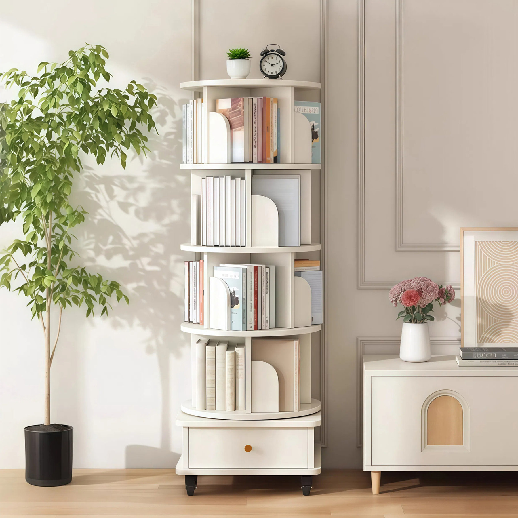 Ivy Bronx Rotating Bookshelf, 360° Display Round Spinning Bookshelf ...