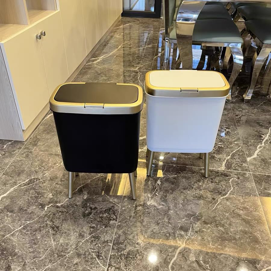 THIROX Office Trash Can With Lid, Black Bathroom Trash Can With Gold ...