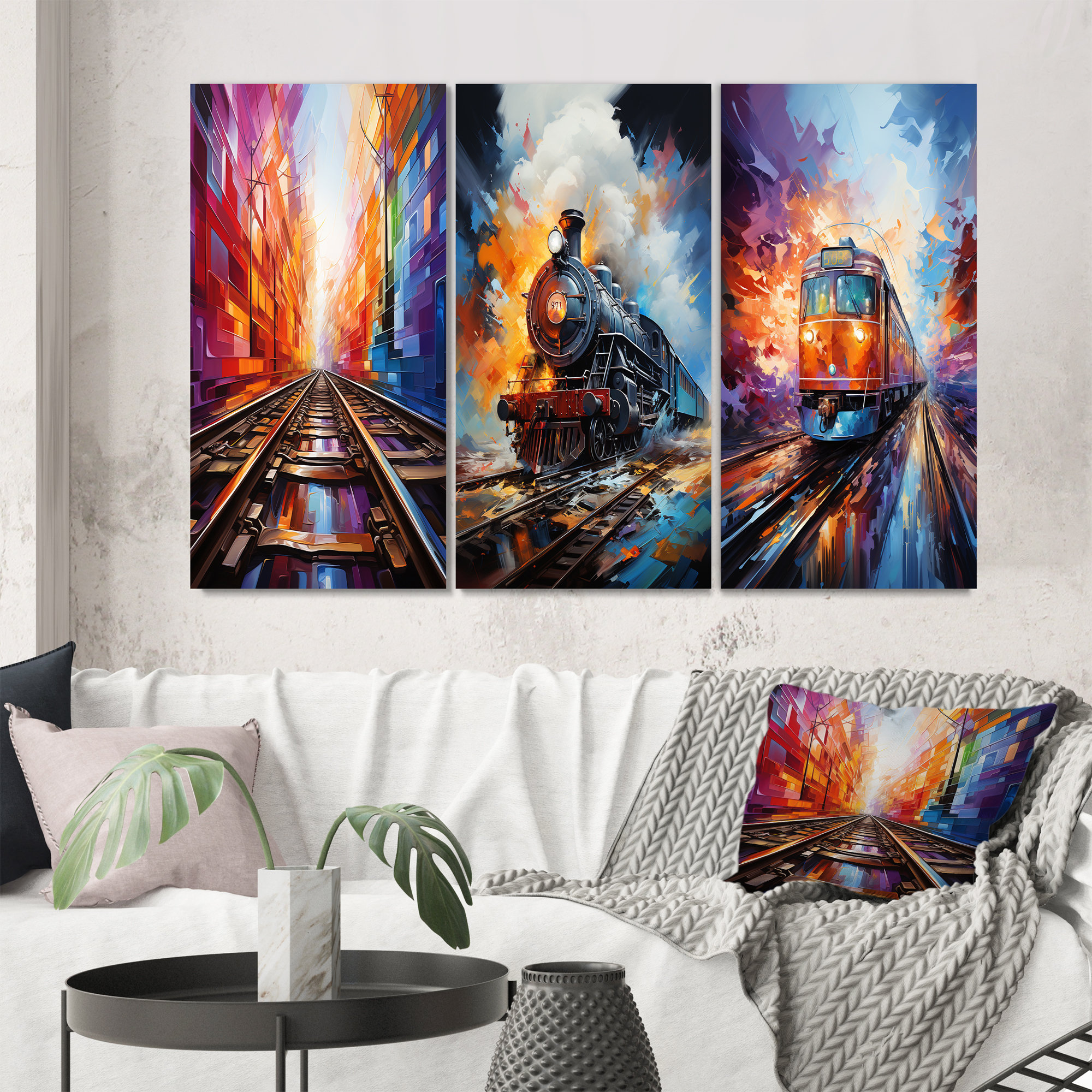 Red Barrel Studio® " Train Colorful Tracks " 3 - Pieces on Canvas | Wayfair