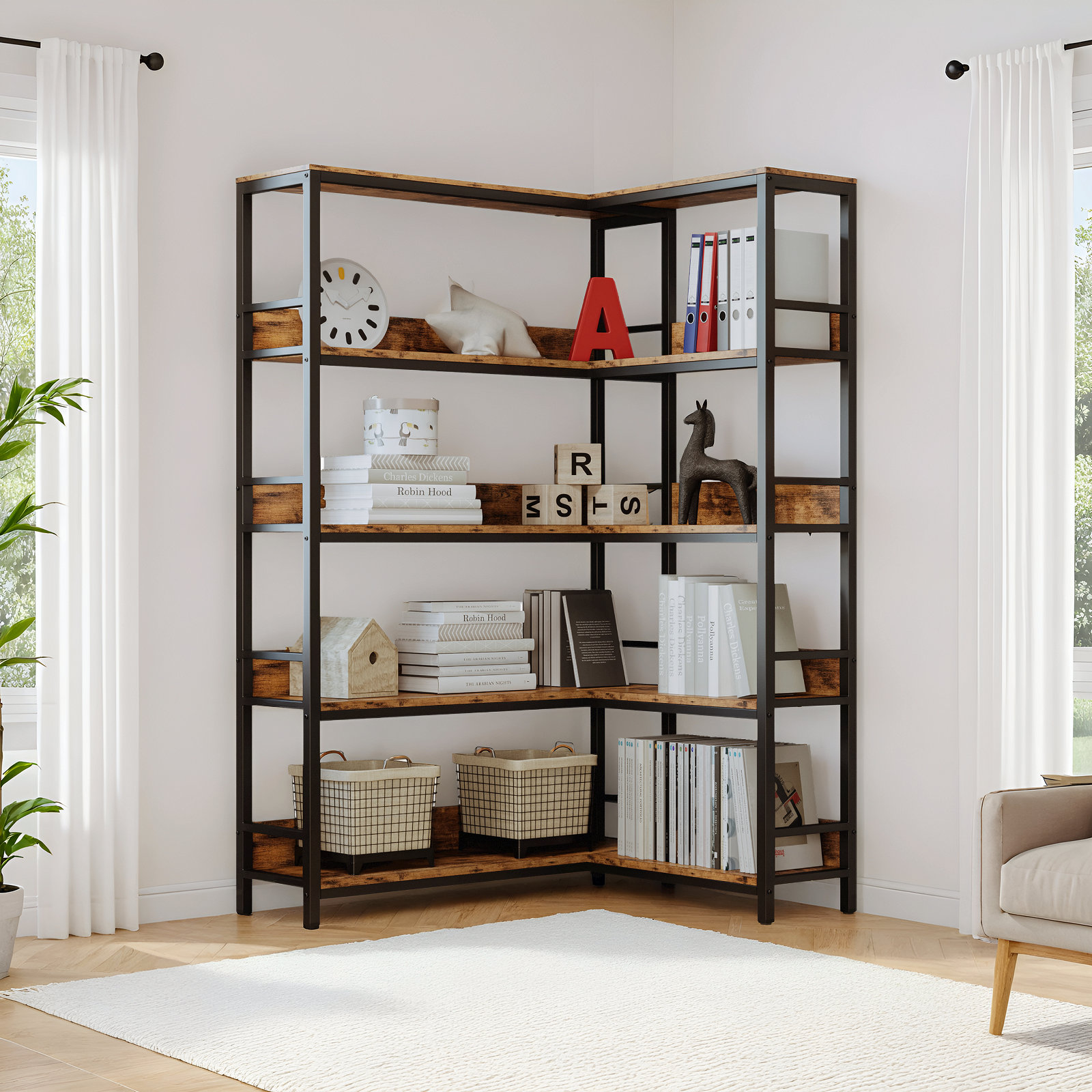 17 Stories 17 Storeys Industrial Bookshelves 5-Shelf Corner Bookcases ...