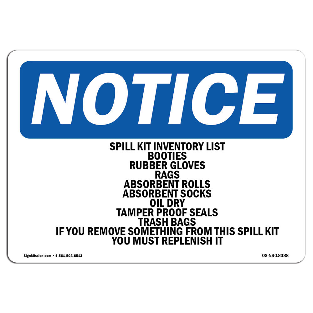 SignMission Spill Kit Inventory List Booties Rubber Aluminum Sign 18 x ...