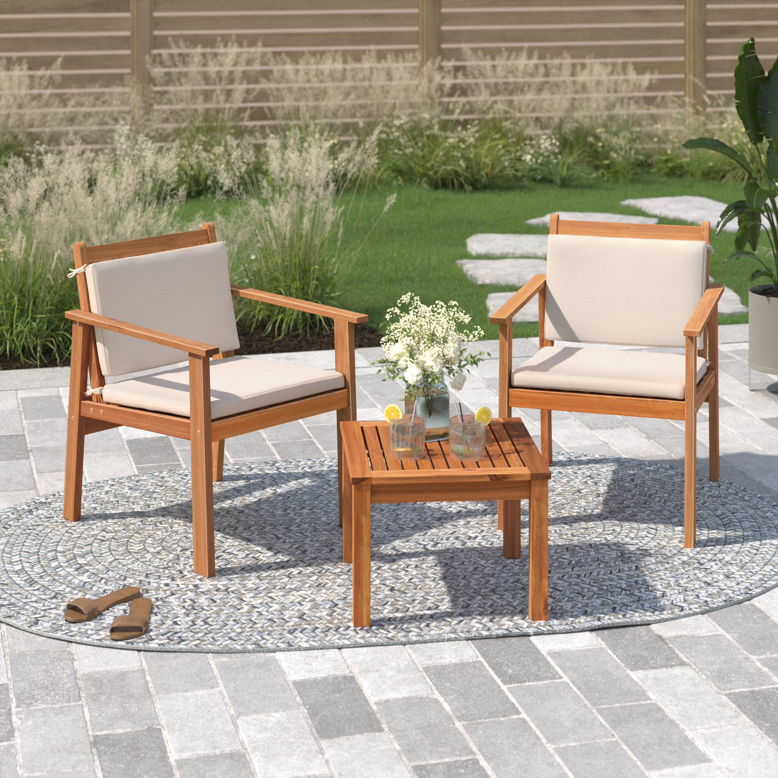 Beachcrest Home Koval 3 Pieces Acacia Wood Outdoor Conversation Set ...