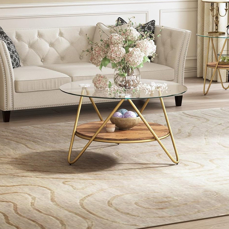 Everly Quinn Table basse pour le salon, table basse ronde à 2 niveaux ...