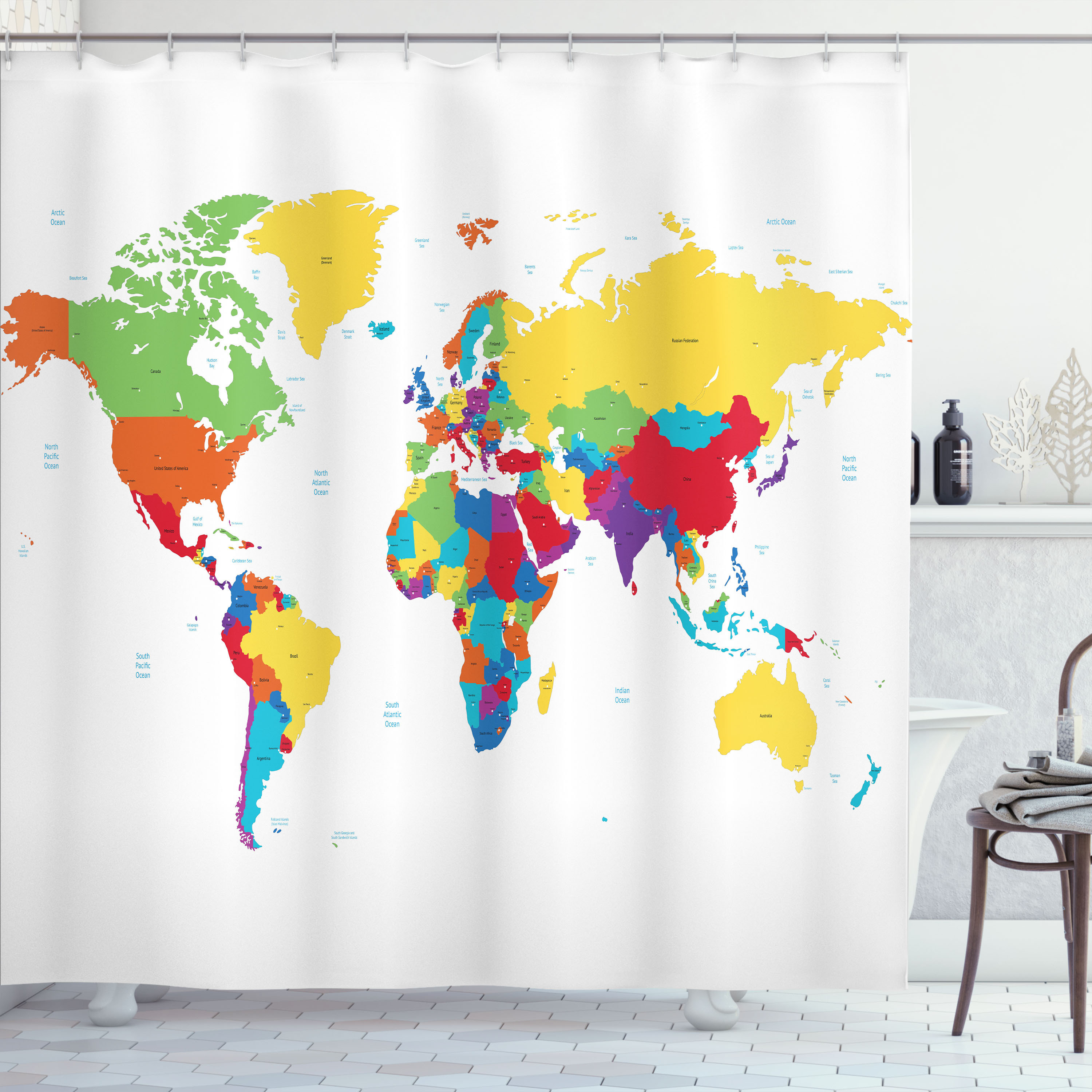 East Urban Home World Map Shower Curtain Countries and Oceans ...