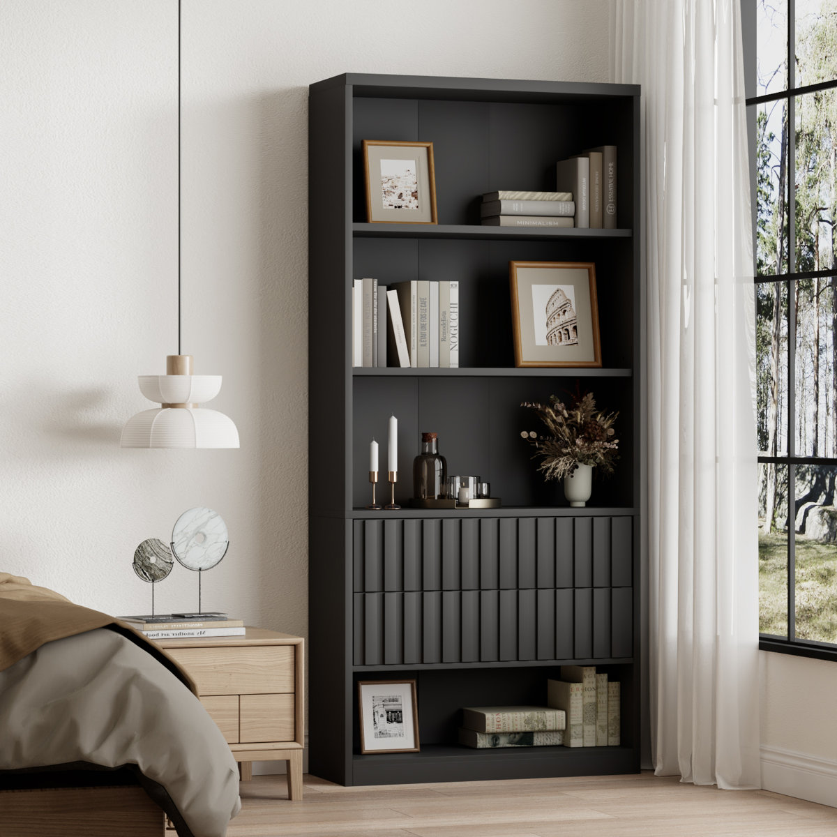 Latitude Run® 71” H Tall Bookcase with 2 Drawers, Bookshelf with 4-Tier ...