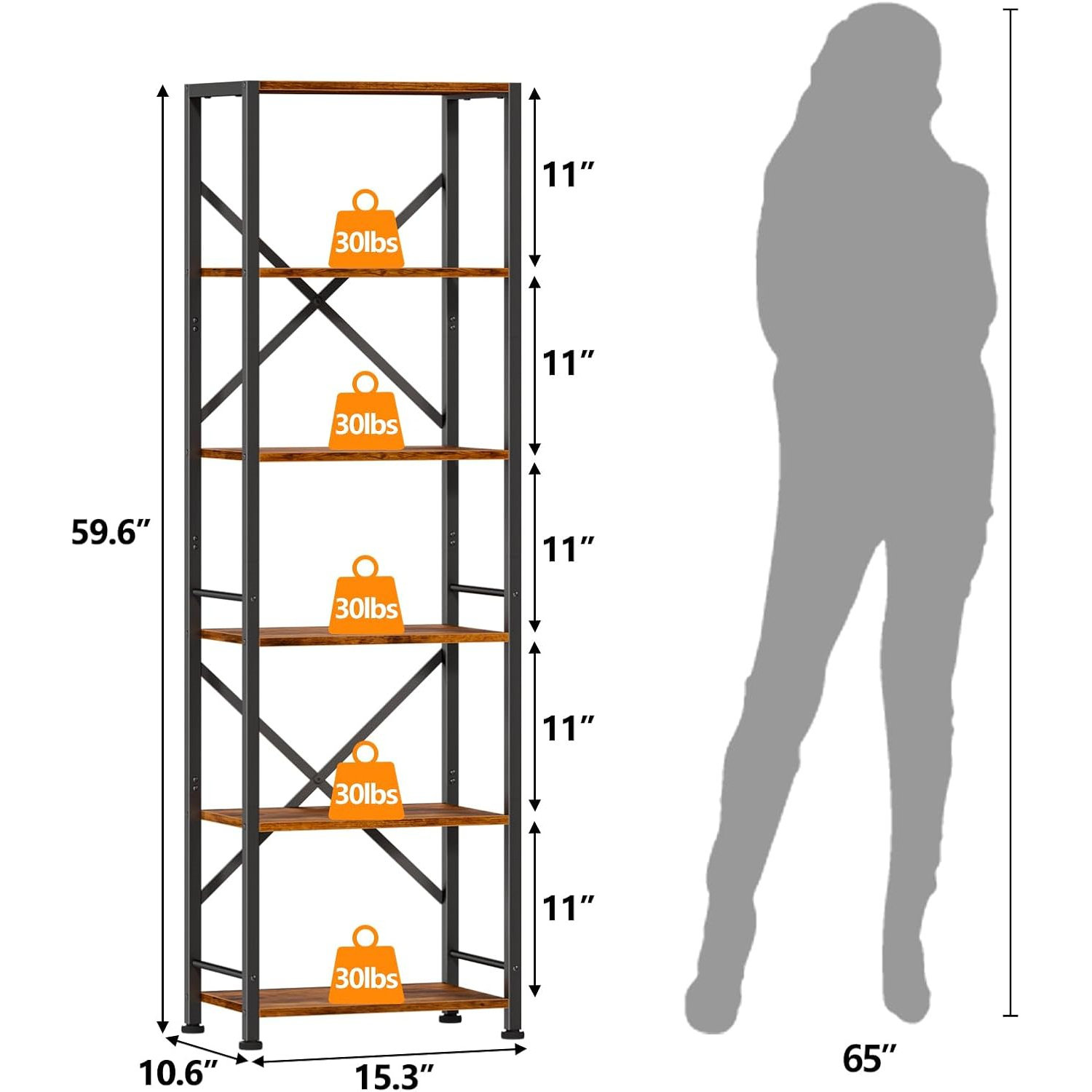 17 Stories 6 Tier Tall Bookshelf, Industrial Narrow Bookcase, Display ...