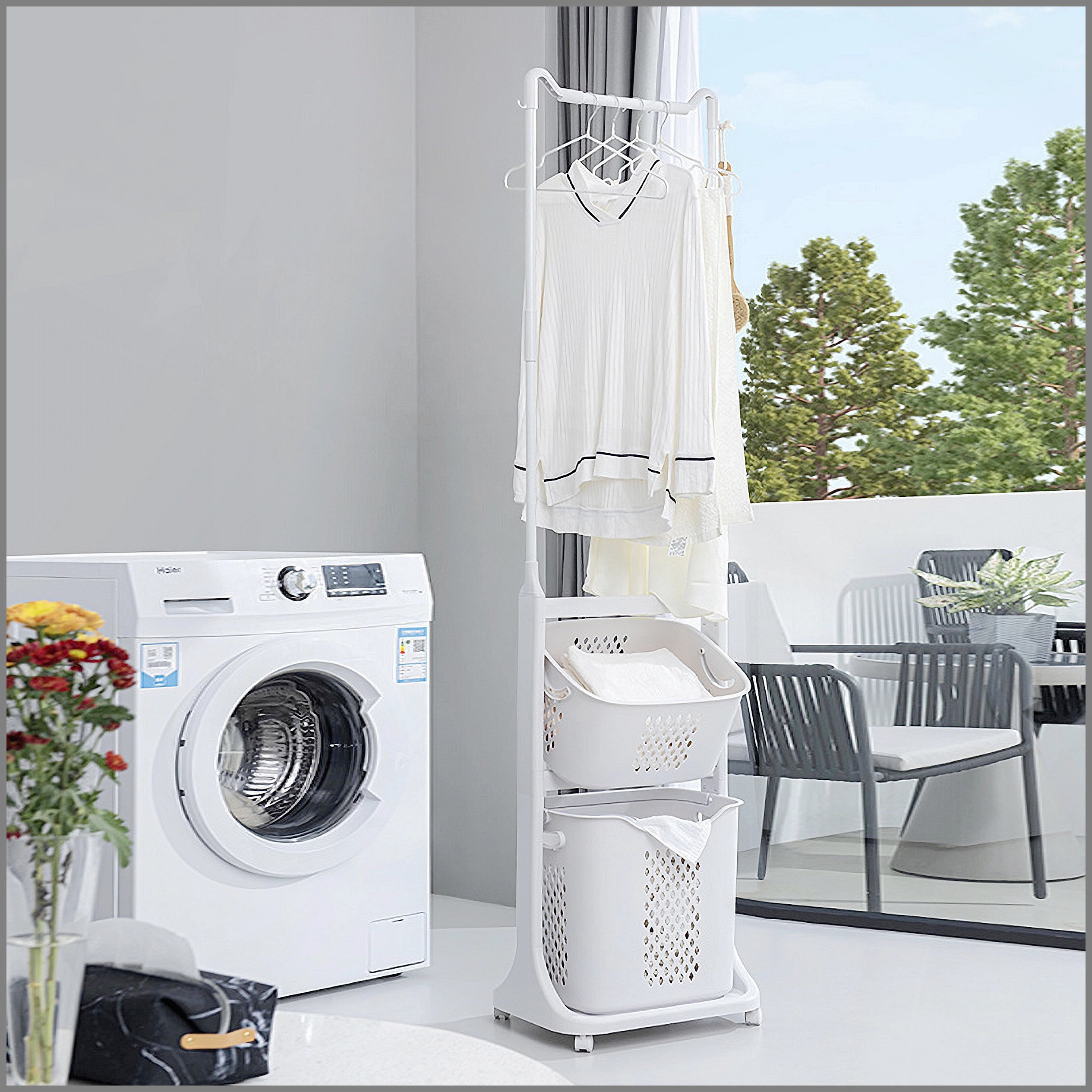 Rebrilliant 2-Tier Laundry Hamper Sorter with Hanging Bar, Rolling ...
