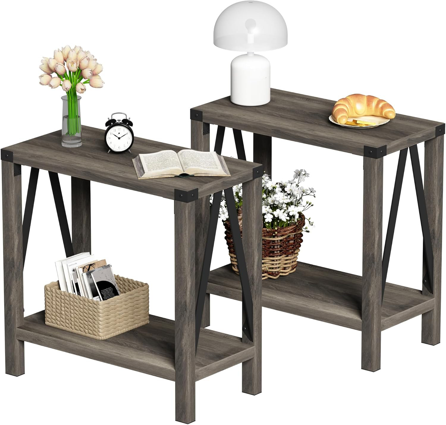 Gracie Oaks Rustic Farmhouse Side Tables With Storage Shelf, Narrow A ...