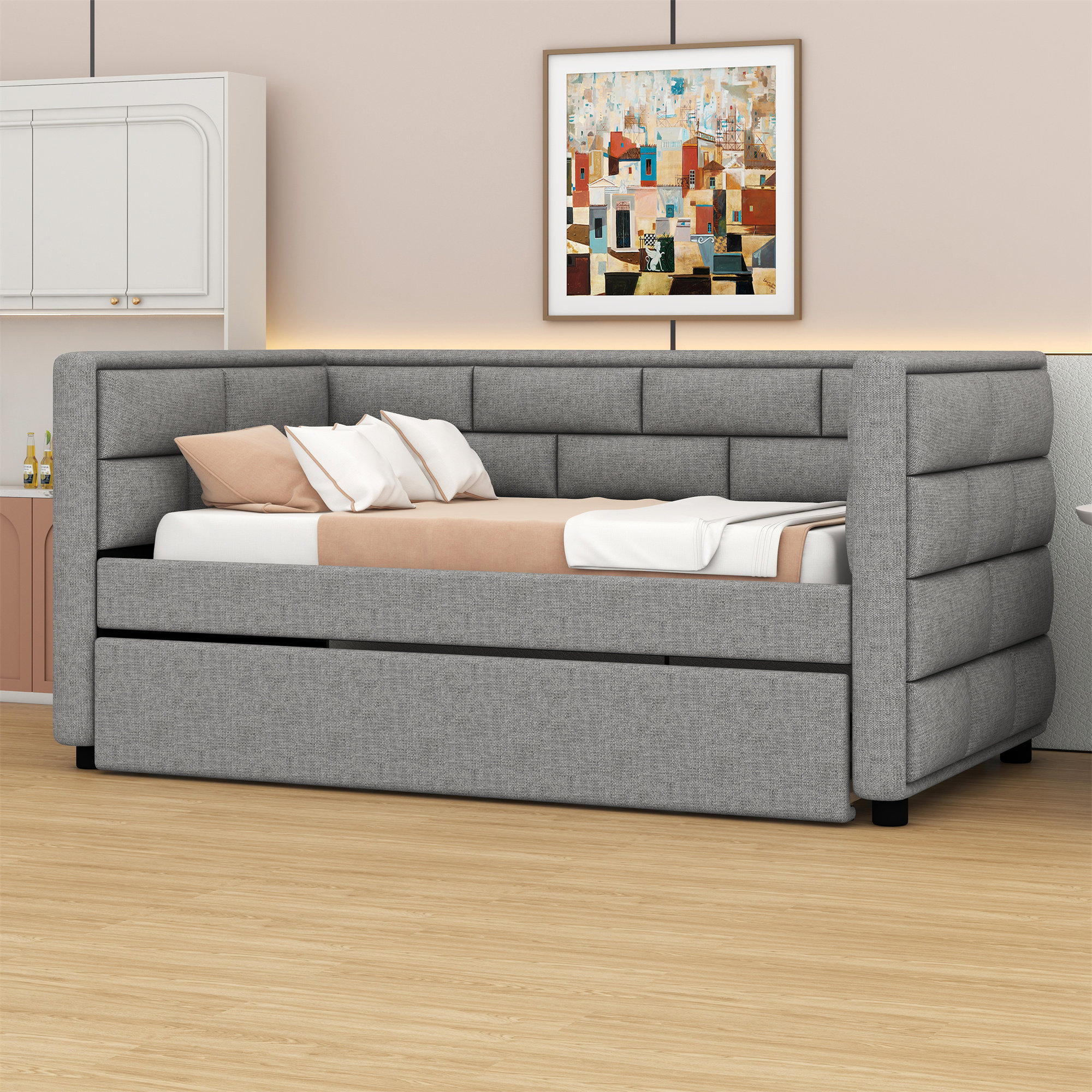 Latitude Run® Daybed With Trundle, Upholstered Daybed With Padded Back ...