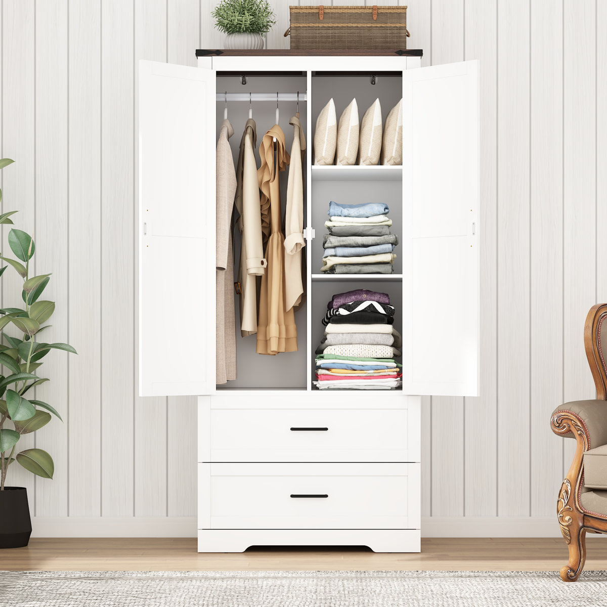 August Grove® 2-Door Armoire Wardrobe With 2 Drawers And Hanging Rod ...