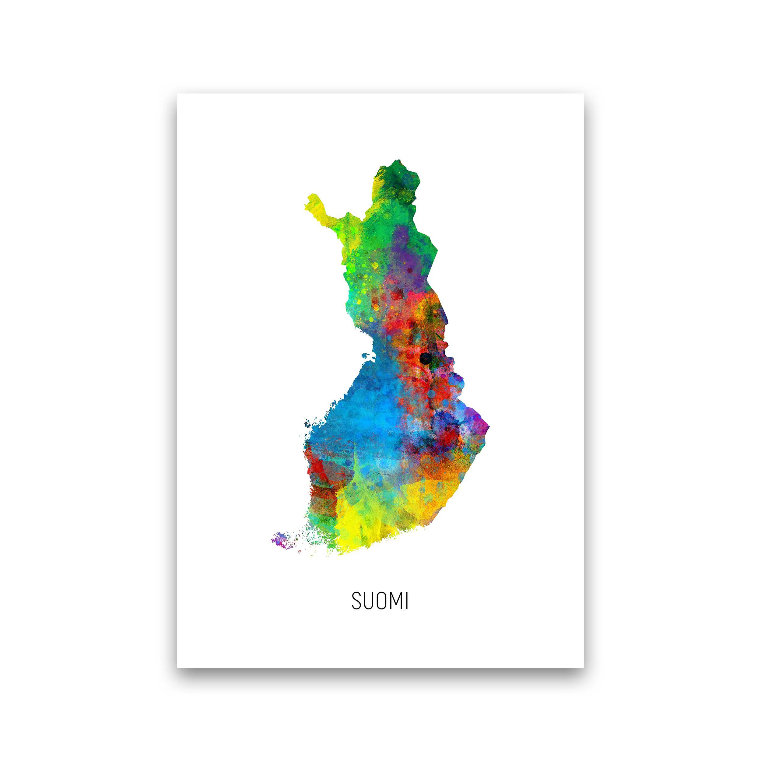 Latitude Run Suomi Watercolour Map by Michael Tompsett - Pricture Frame ...