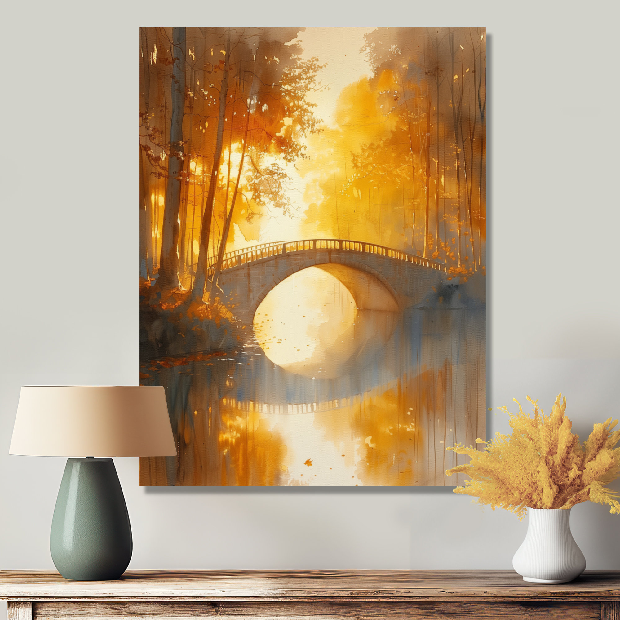 Lark Manor™ Yellow Beige Autumn Beauty River Bridge I - Bridges Wall ...