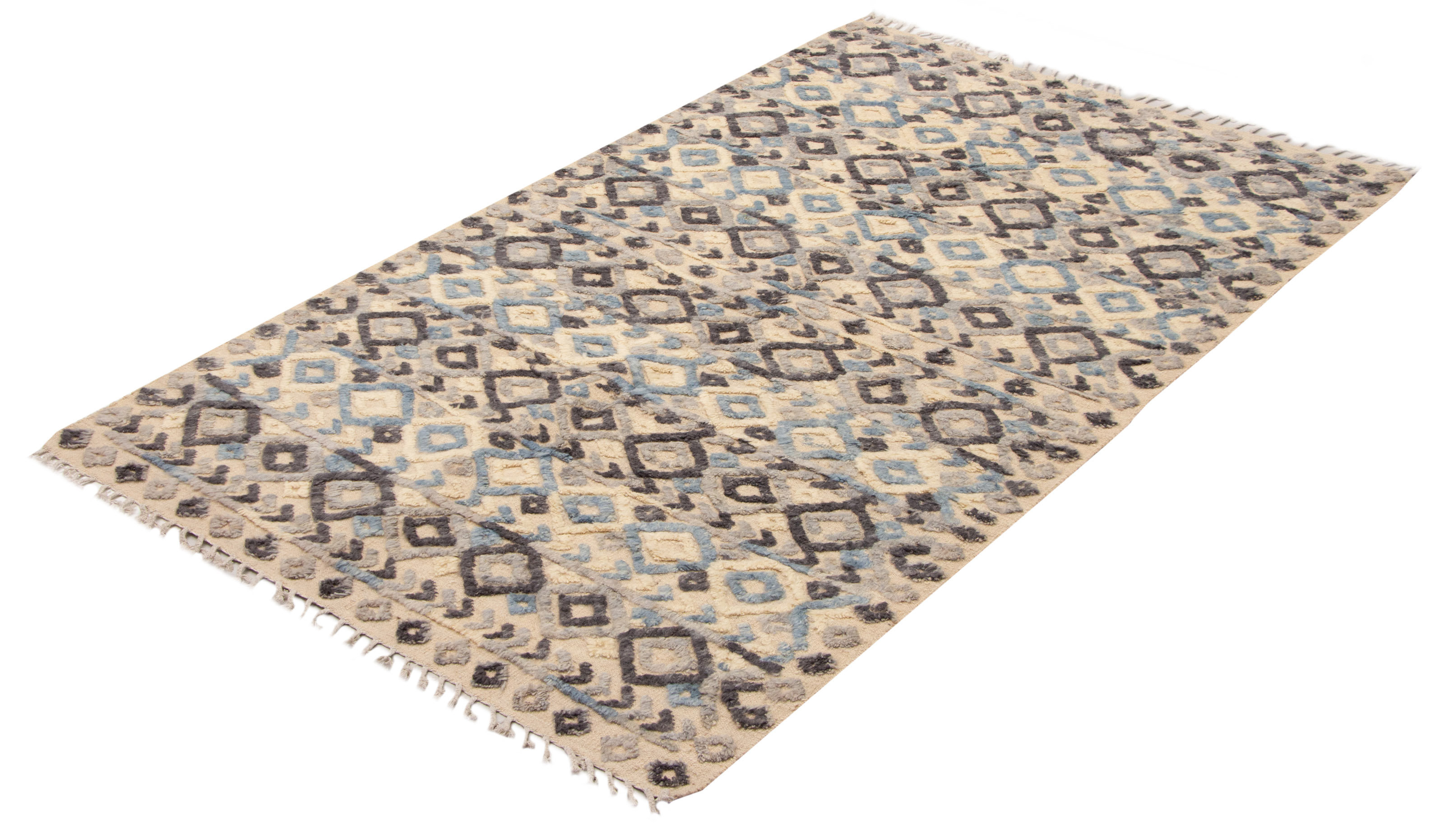 Foundry Select Tapis géométrique en laine fait à la main à motif géométrique rectangulaire bleu ...
