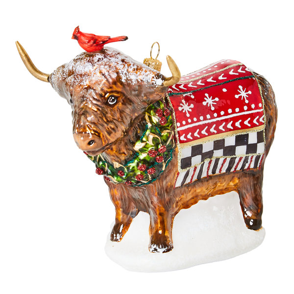 MacKenzie-Childs Cozy Christmas Highland Cow Glass Ornament | Wayfair