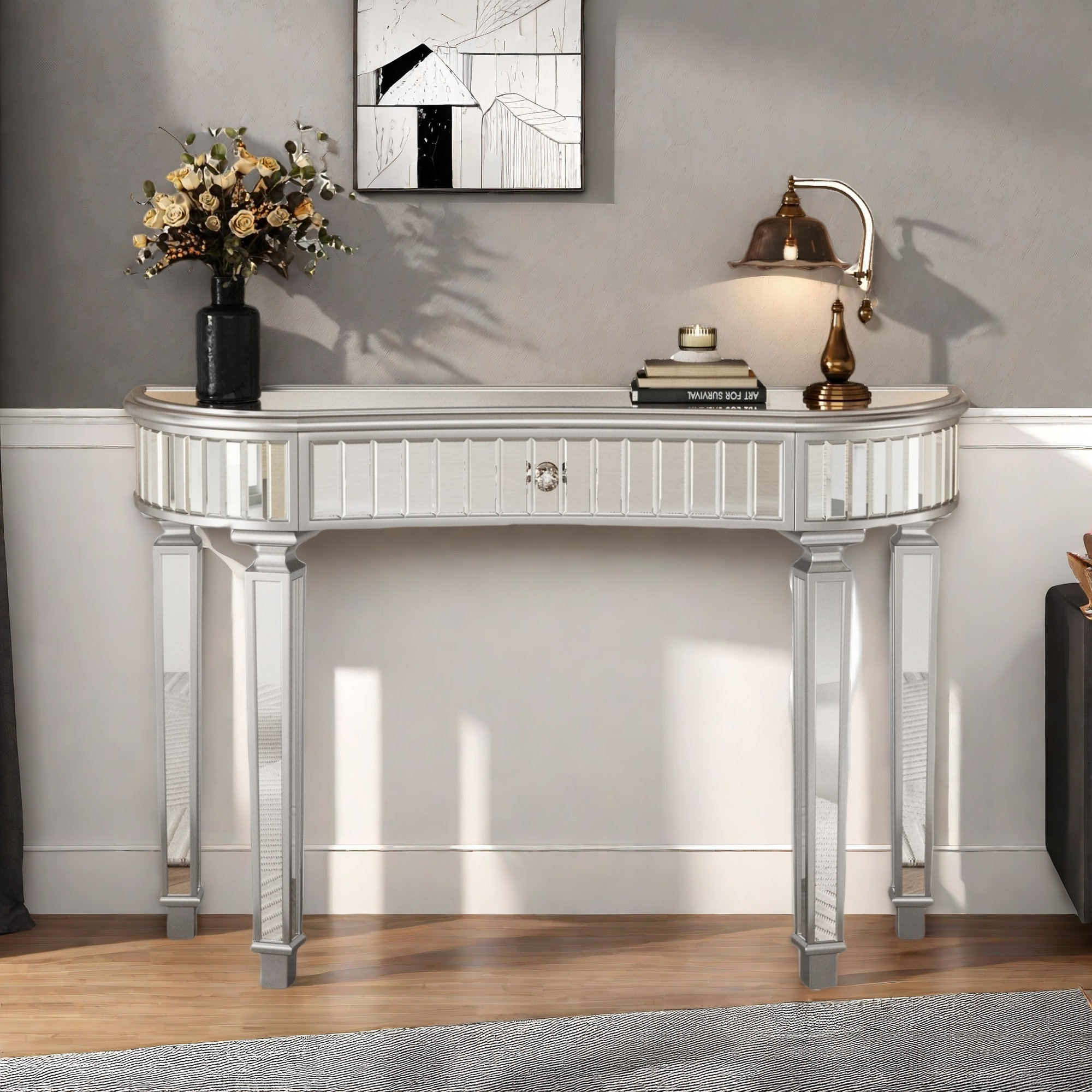 House of Hampton® Half-moon Mirrored Console Table With Fluted Glass ...