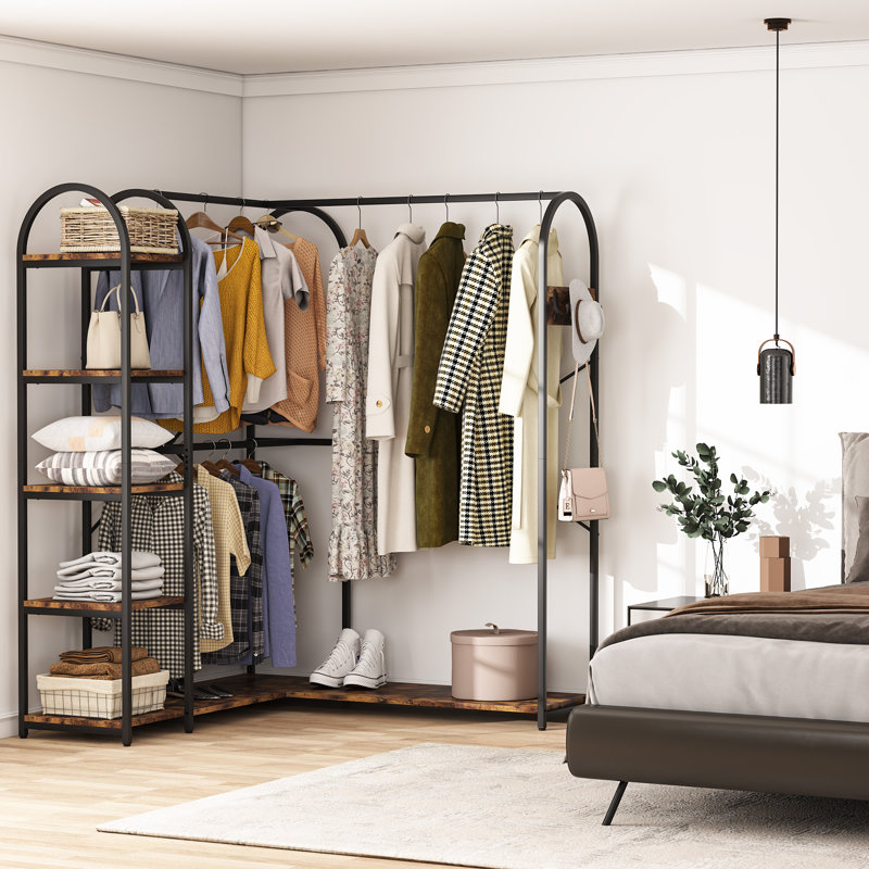 17 Stories L Shape Corner Garment Rack With Storage Shelves And Hanging ...