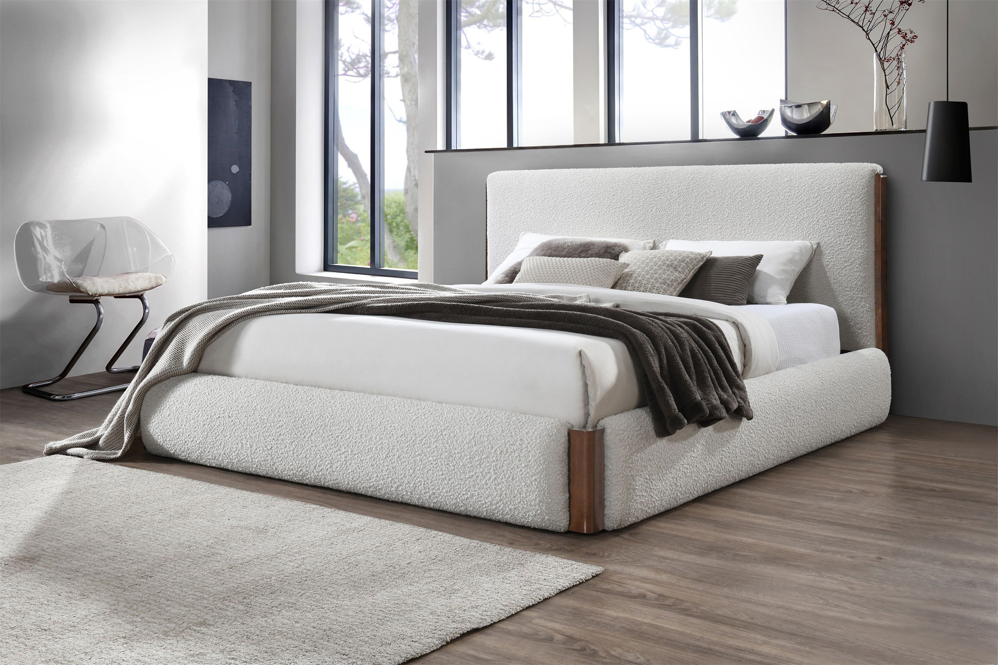 Red Barrel Studio® Sandro White Boucle & Walnut Finish Bed | Wayfair