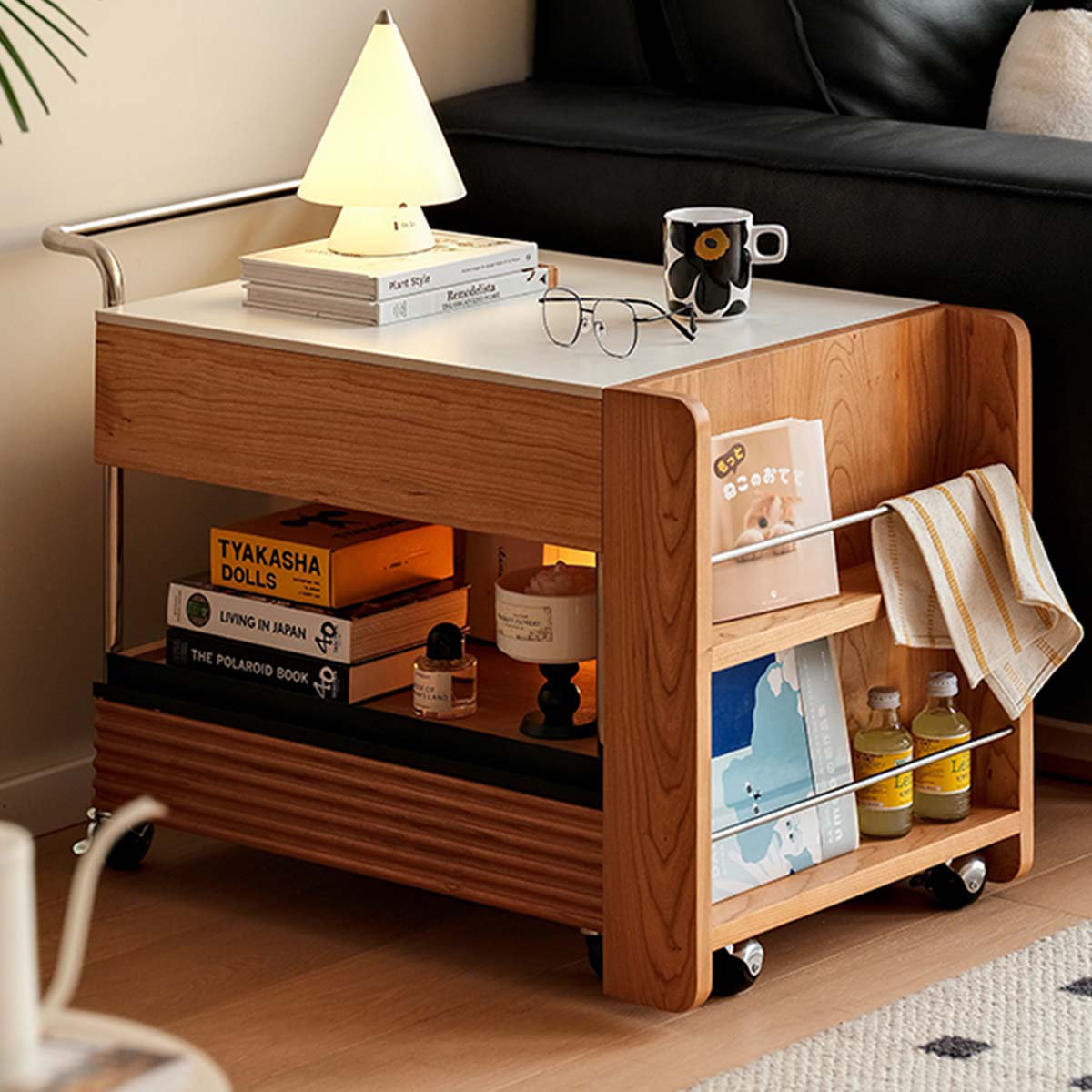 SINNOG Modern Cherry Wood Mobile Extendable Rectangular Coffee Table ...