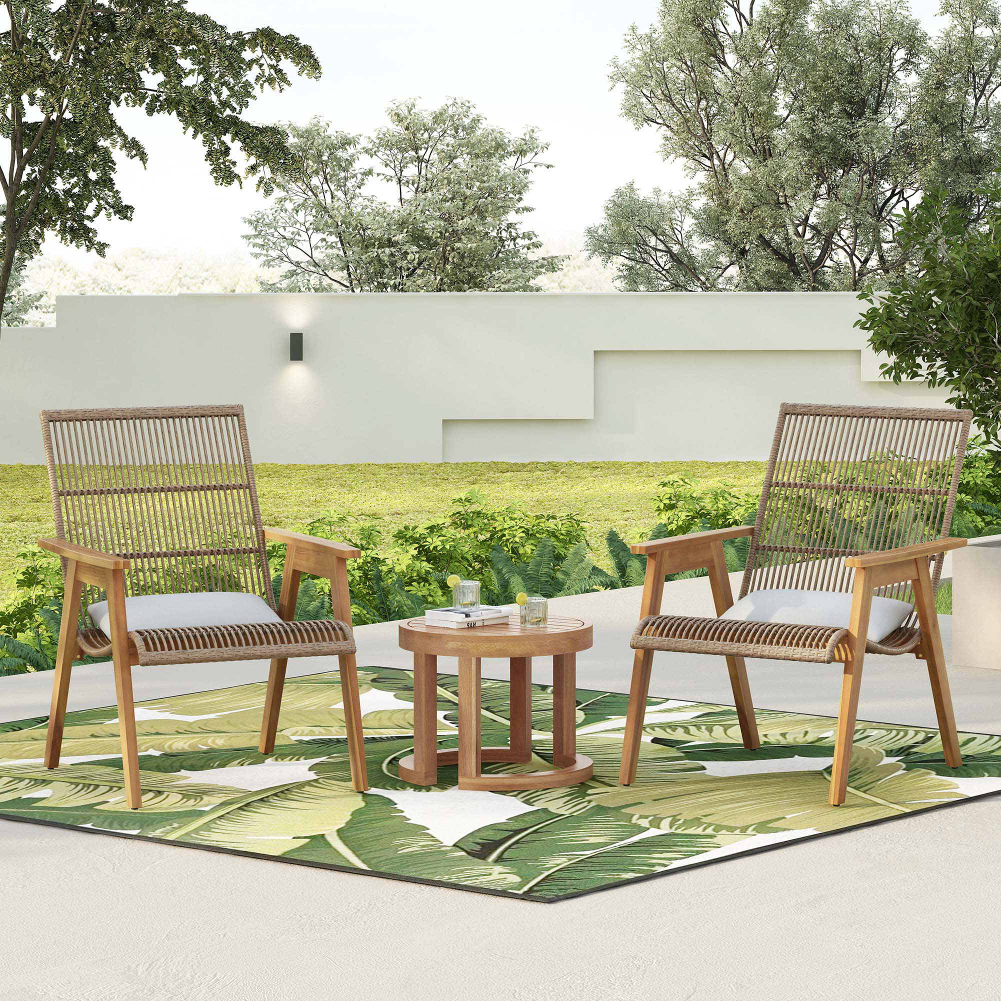 George Oliver Outdoor Acacia Wood 3-Piece Lounge Set: 2 Cape Woven ...