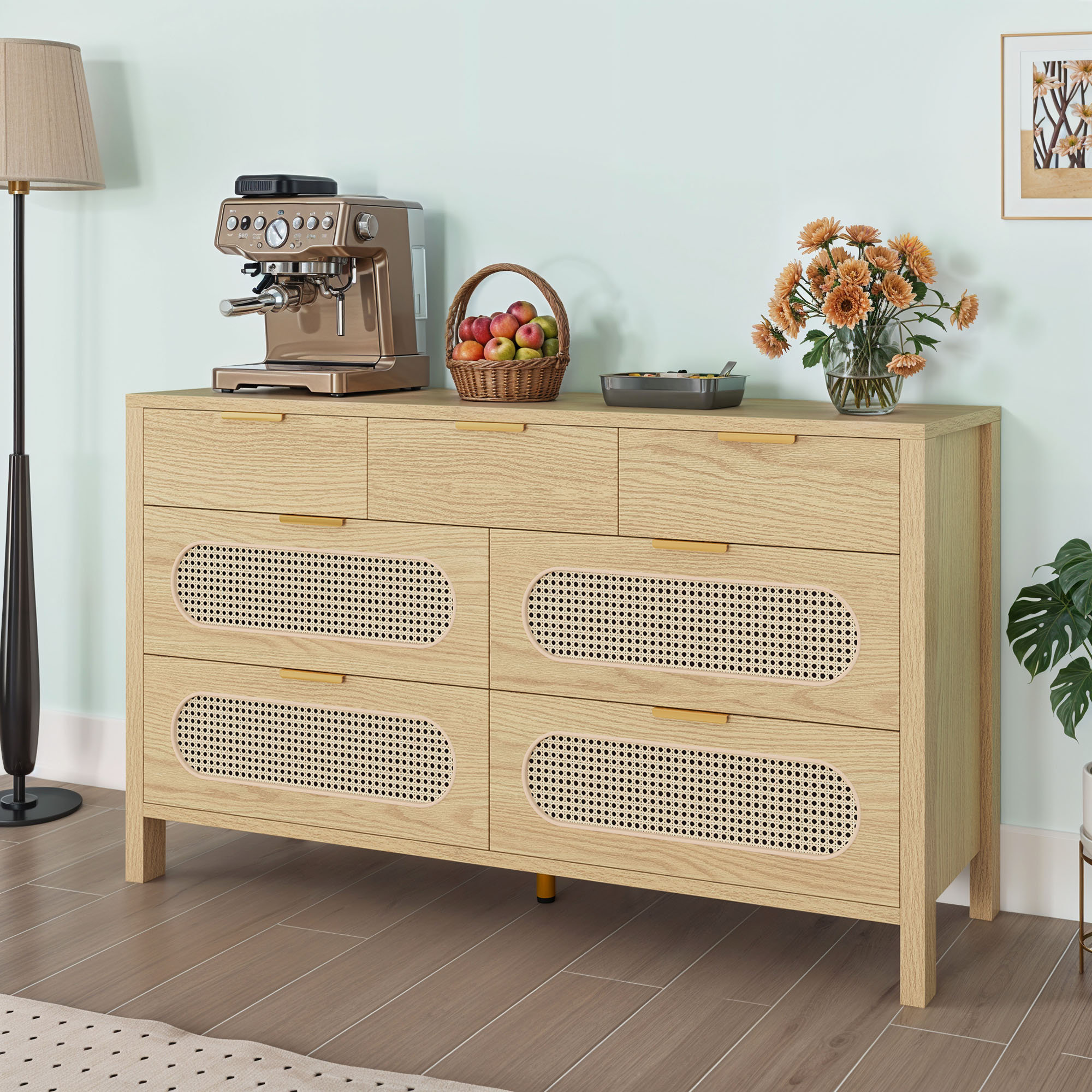 Bay Isle Home™ Natural Rattan 7-Drawer Dresser with Golden Handles and ...