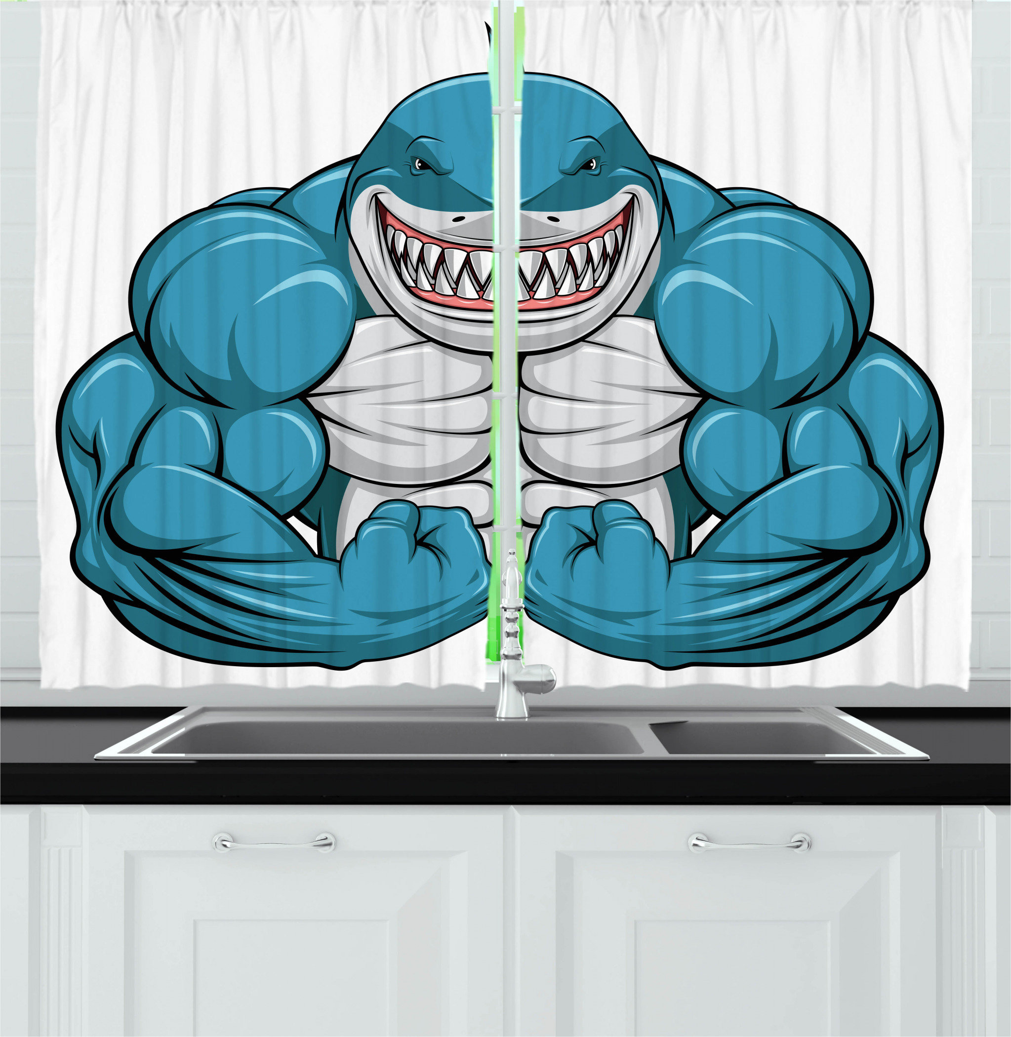 Ambesonne 2 Piece Fish Smiling Toothy White Shark With Big Muscles On ...