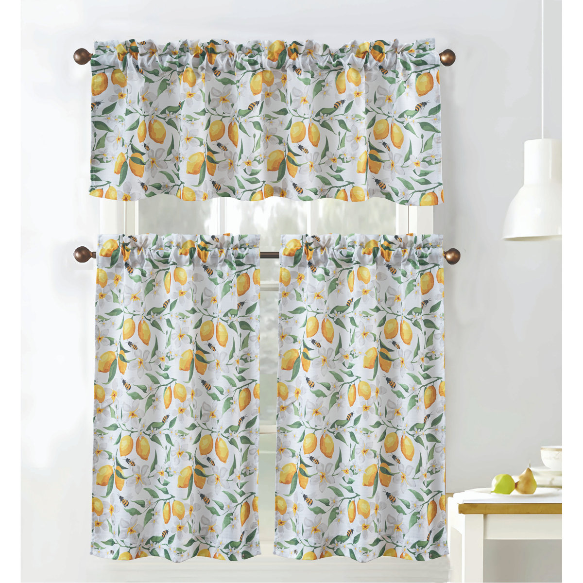 August Grove® Lemon Bee Cucina Kitchen Curtain Set | Wayfair