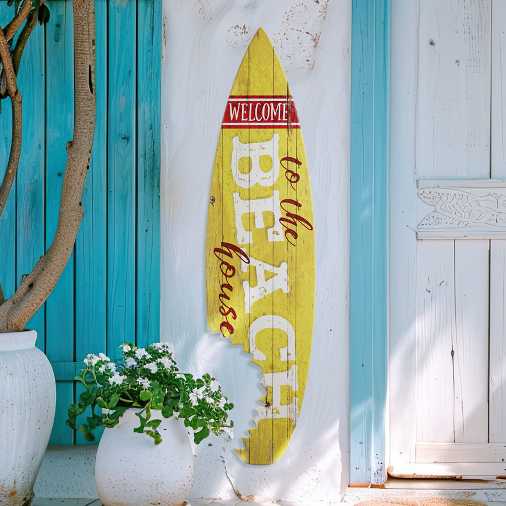 Beachcrest Home Kersh House Shark Bite Plank Surfboard Wall Décor ...