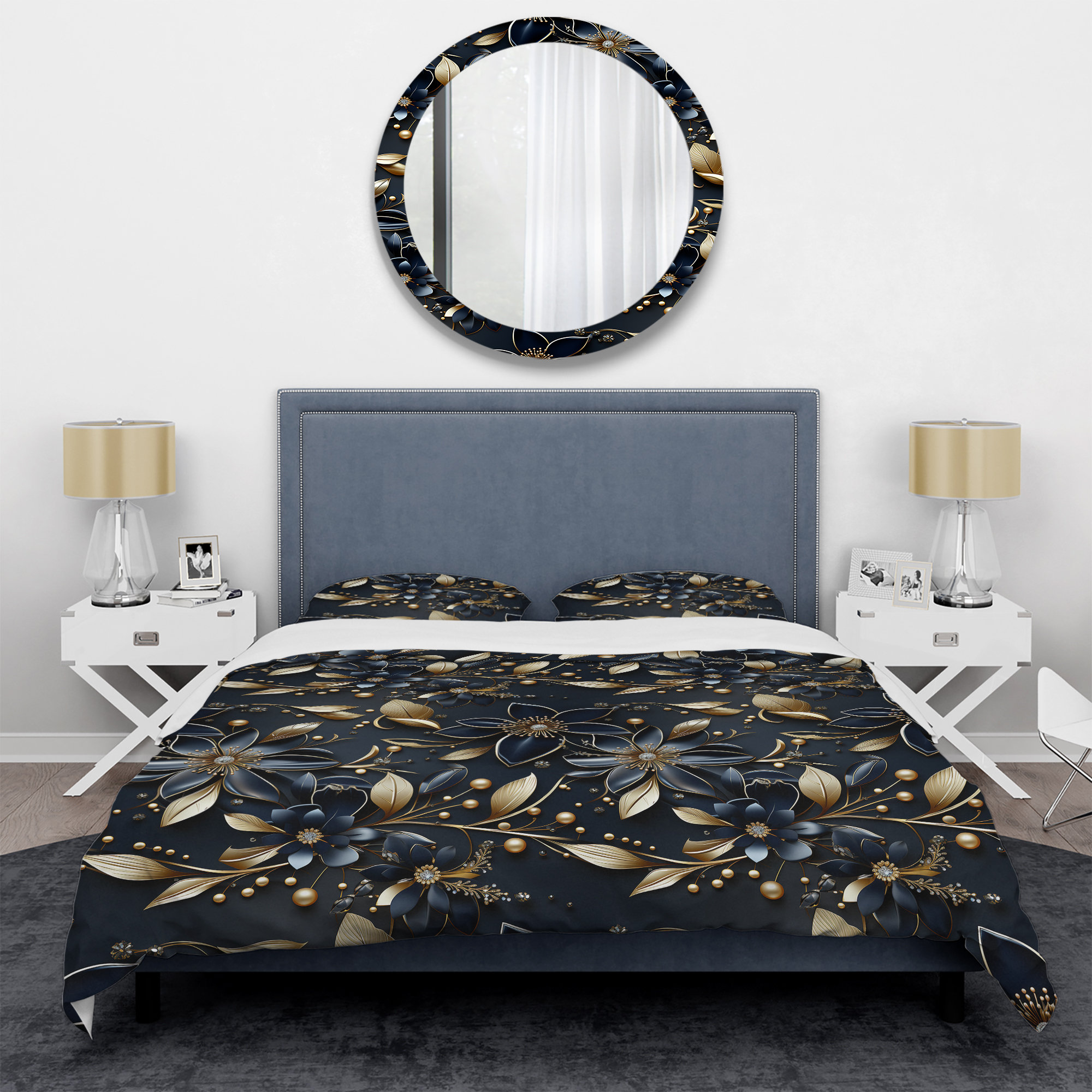 Design Art Midnight Blue Charm Gold And Black I - Glam Duvet Cover Set ...