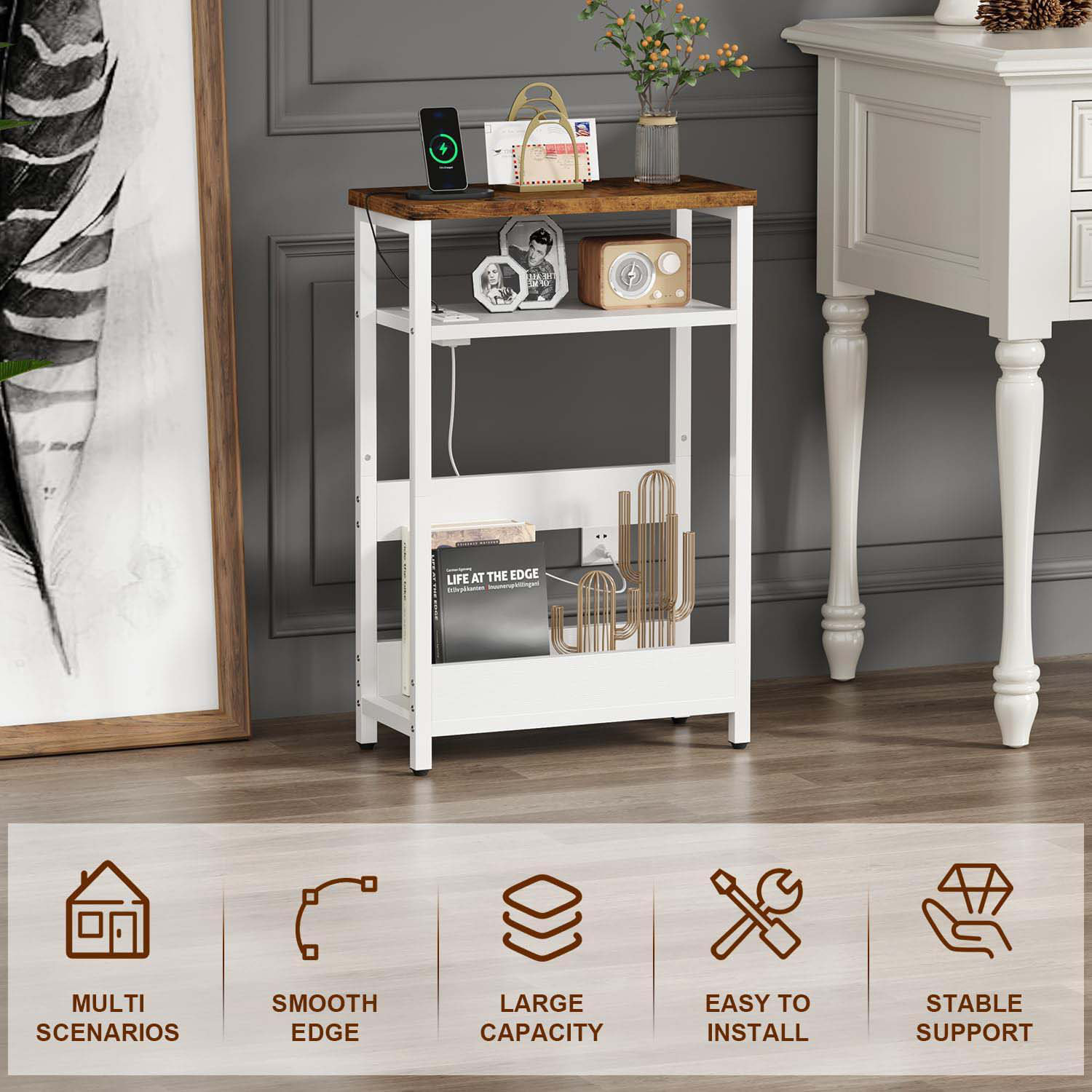 17 Stories Table d'appoint étroite, avec station de charge, table de ...