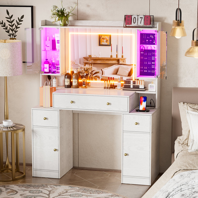 Ivy Bronx Large Make Up Vanity Desk With Mirror And Lights, Vanity Set ...