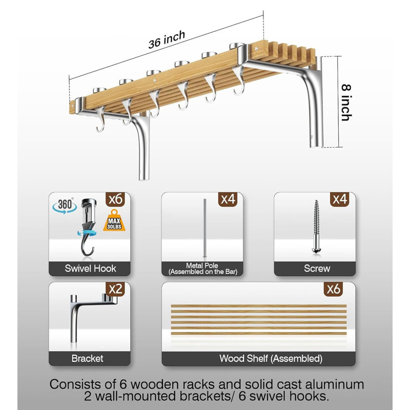 Prep & Savour Wood Rectangle Wall Mounted Pot Rack | Wayfair