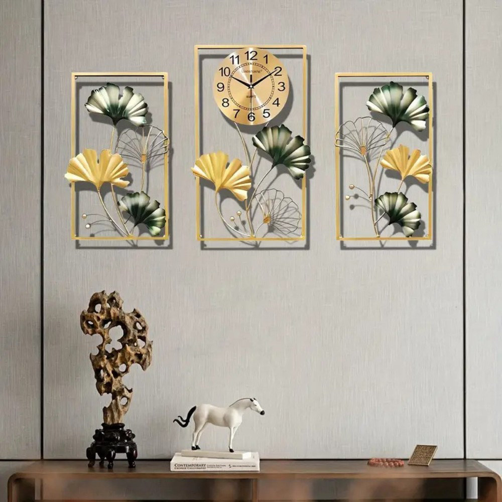 House of Hampton® 3Pcs Wall Clock Sets Ginkgo Leaf Art Clock 30 Inch ...