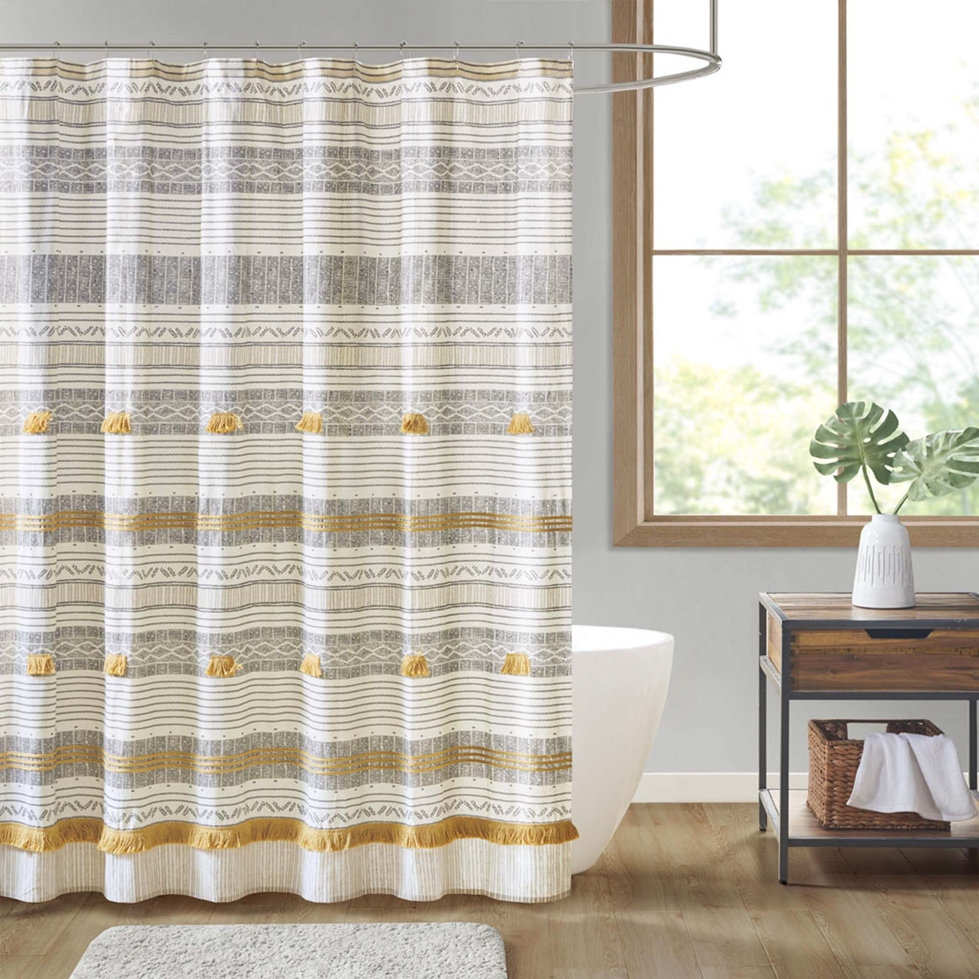 INK+IVY Cody Cotton Stripe Printed Single Shower Curtain with Tassel ...