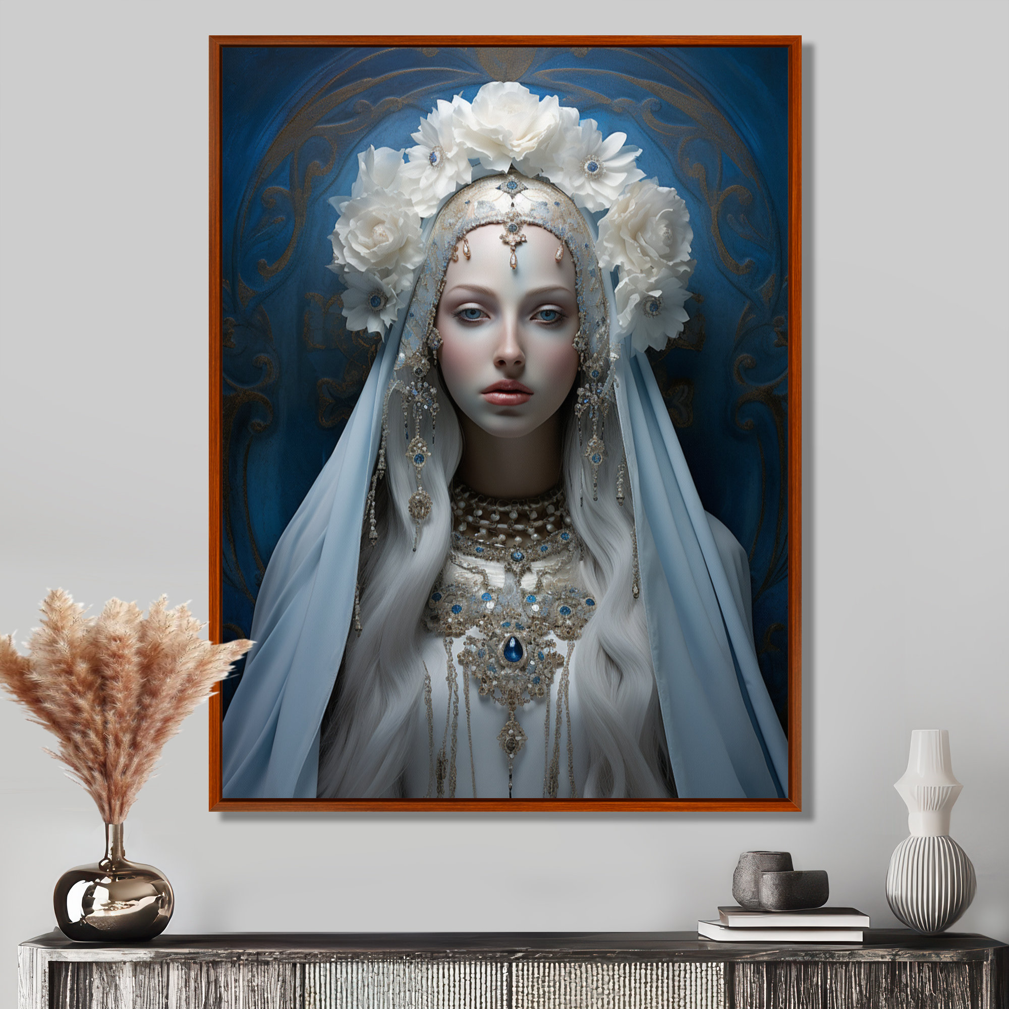 Bungalow Rose Holy Mary White Flower Wreath - Christianity Wall Art ...