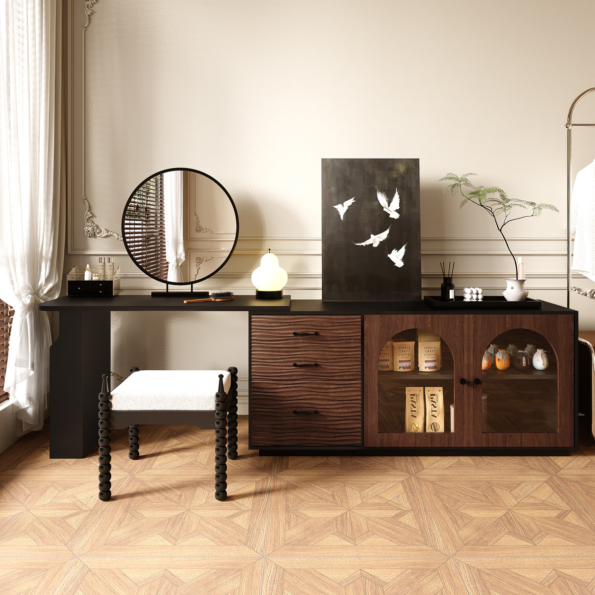 Latitude Run® 94.5'' Expandable Desk Dresser Desk Combo With 2 Cabinets ...