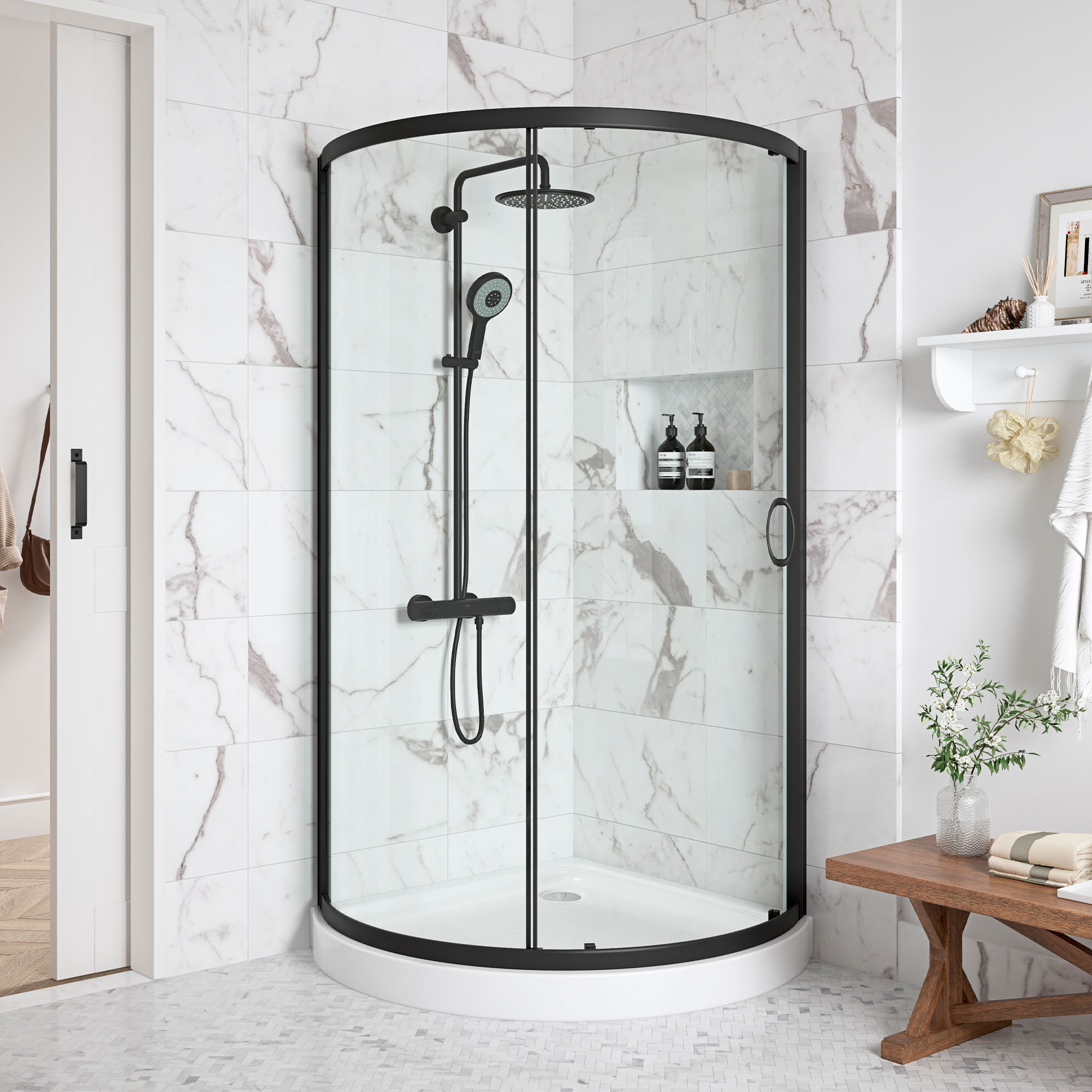 OVE Decors Breeze Premium 33 in. Round Shower Kit w/ Clear, Base ...