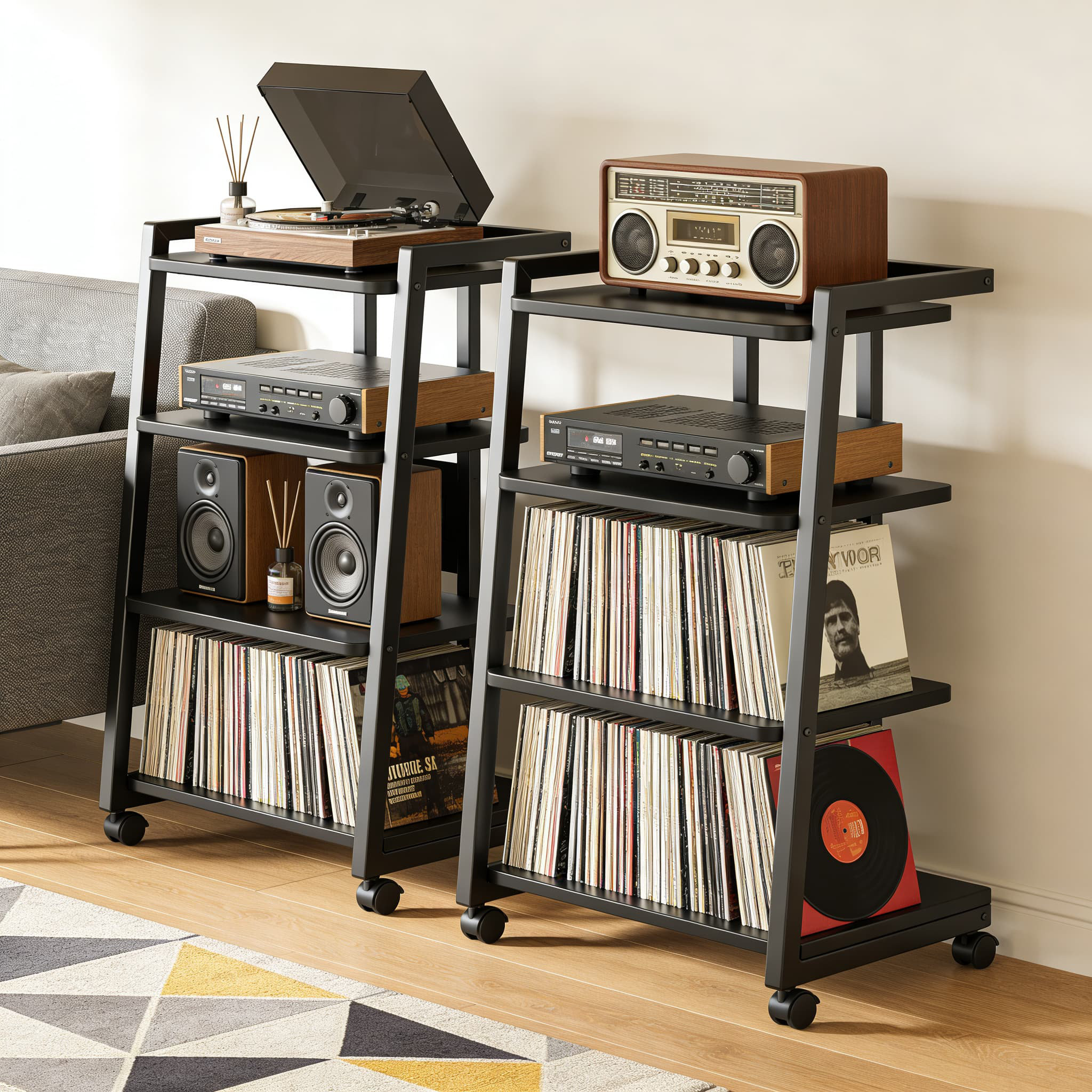 17 Stories Mobile Media Stand With Charging Station, 4-Tier Rolling TV ...