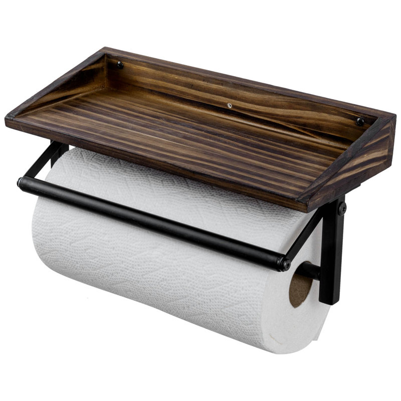 17 Stories Wall Mounted Black & Wood Paper Towel Holder W/ Shelf | Wayfair
