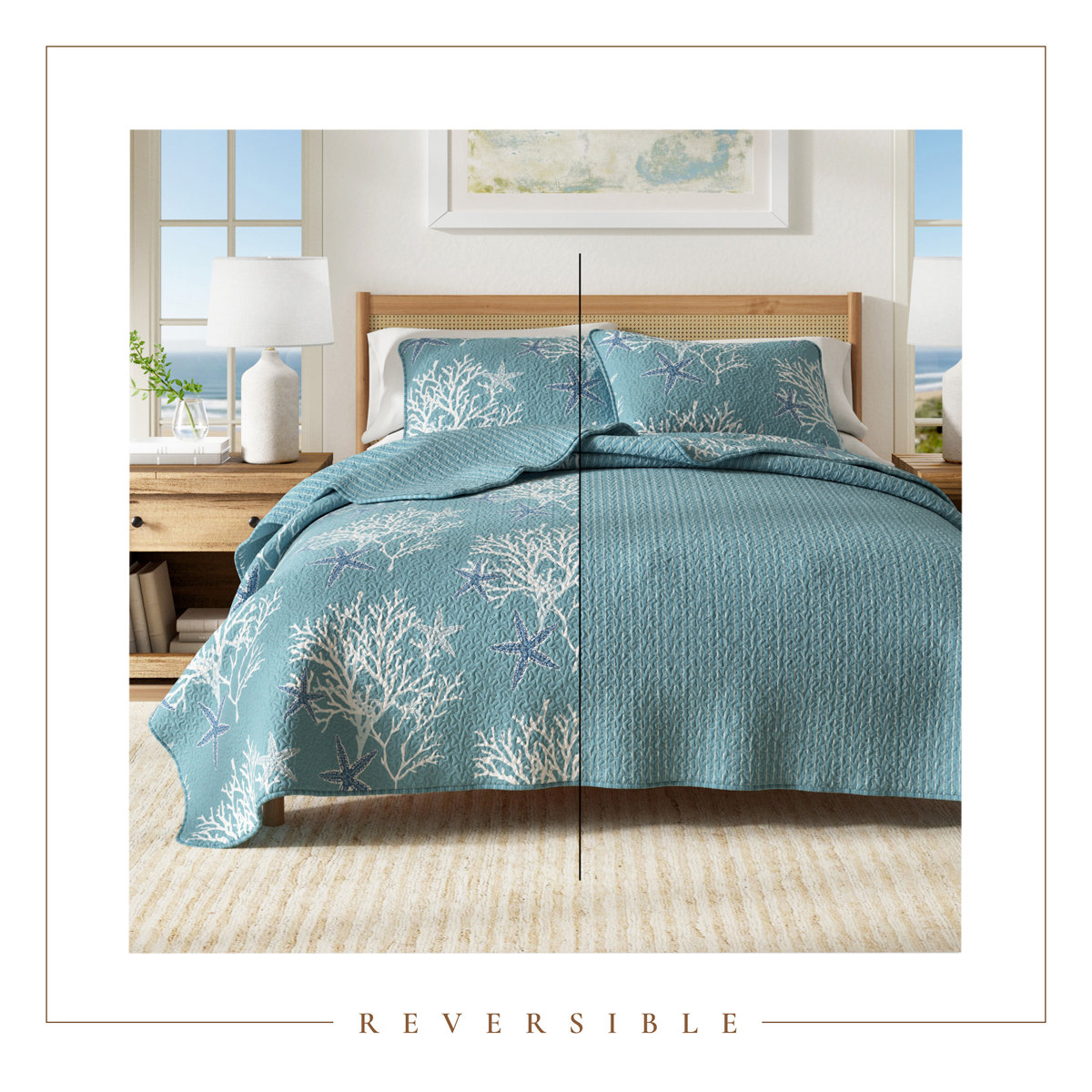 FreshFolds Coral / Starfish Reversible Coastal Quilt Set with Shams ...