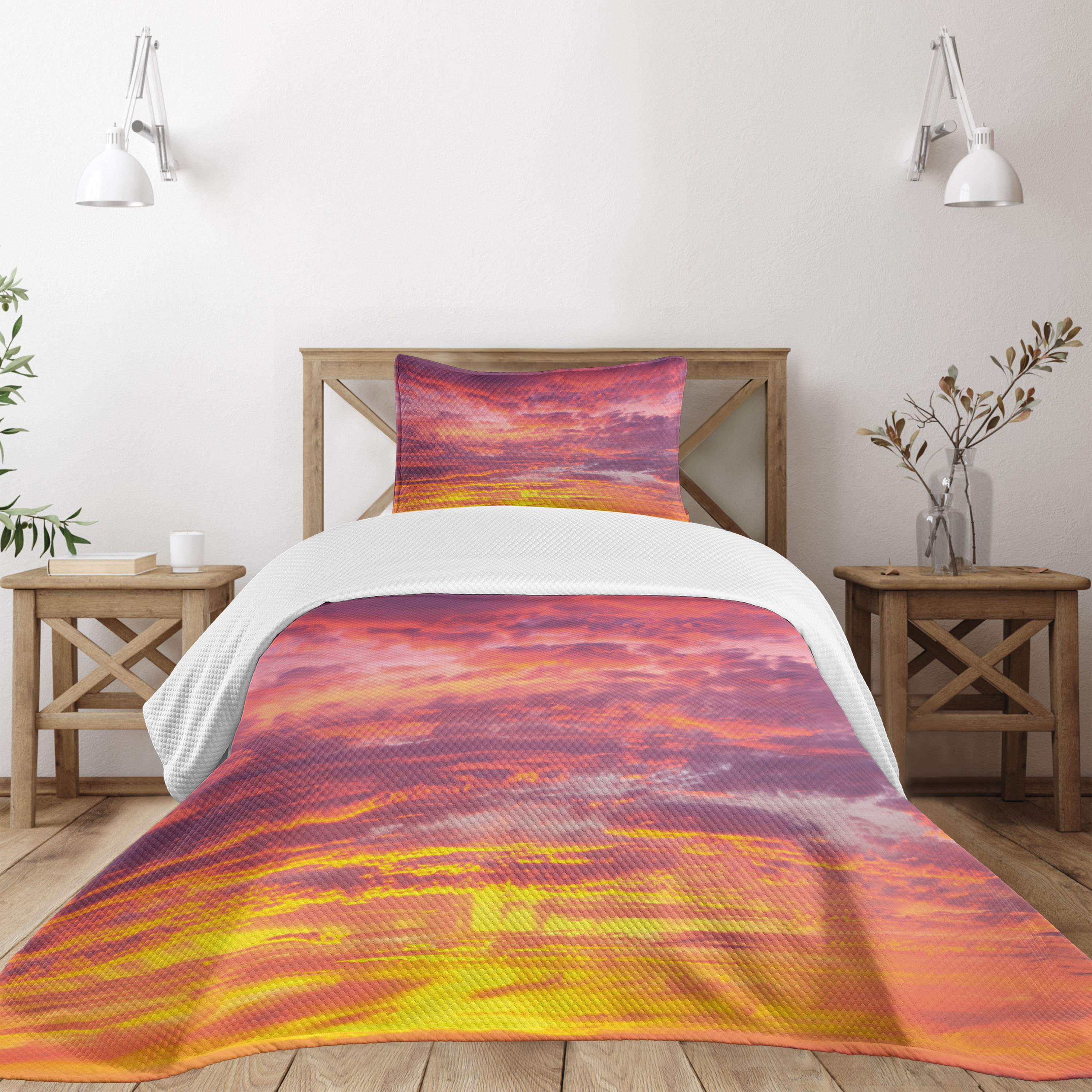 Ambesonne Sky Bedspread Set Sunset Clouded Weather Coral Dried Rose ...