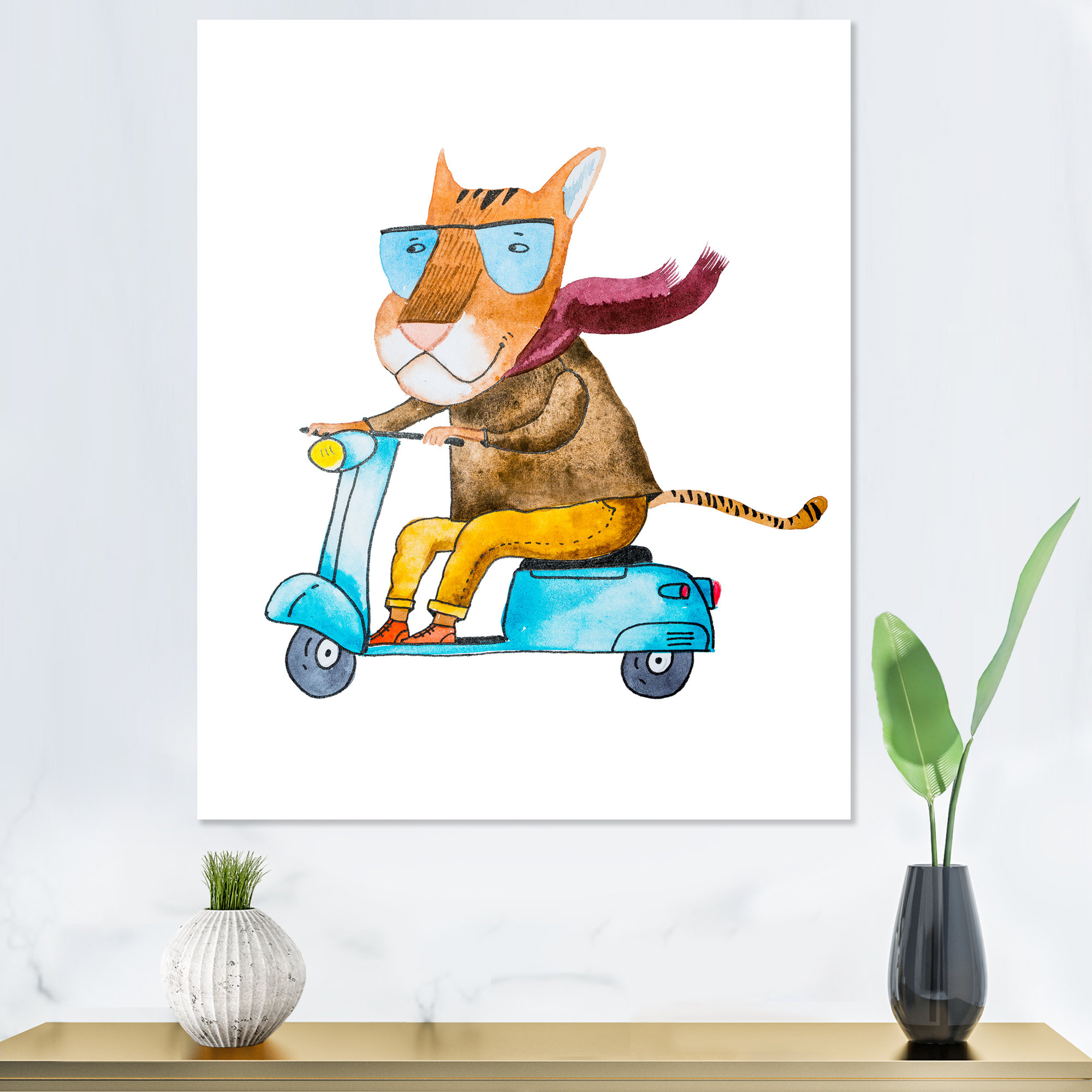 Zoomie Kids Cartoon Tiger On A Scooter - Children''s Art Canvas Wall ...