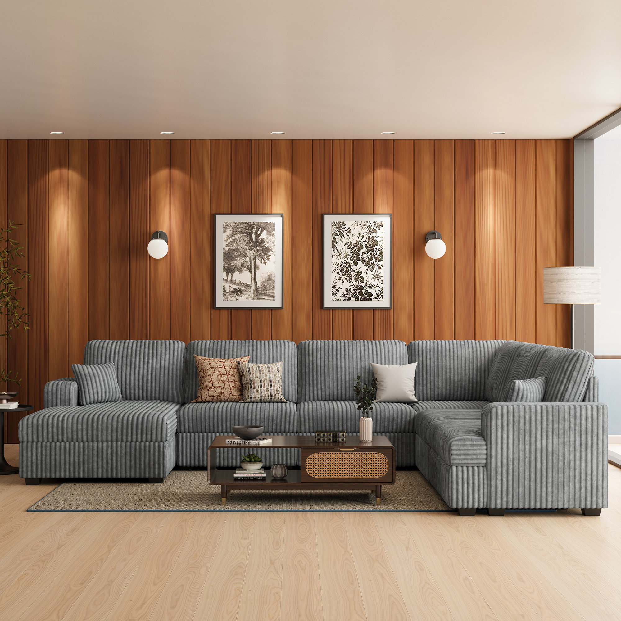 Latitude Run® Bianca Wide Plush Corduroy 140.55'' Large U Shaped Sofa ...