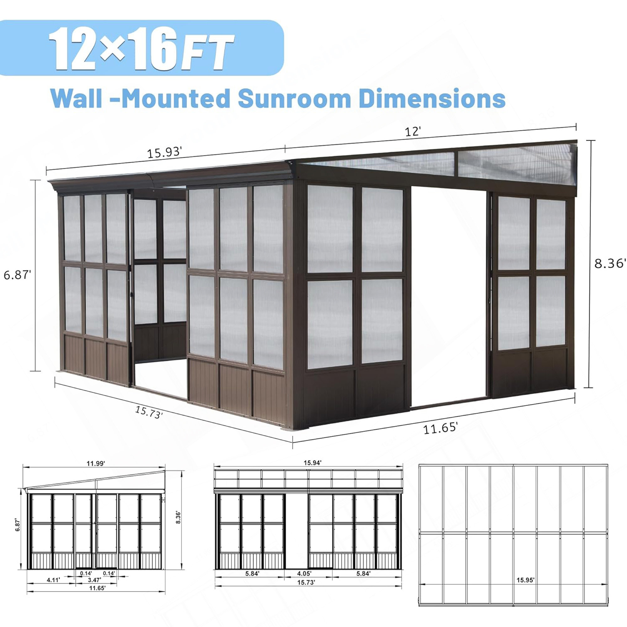 Mr Hua 12X16ft All Season Sunroom, Outdoor Permanent Wall Mounted ...