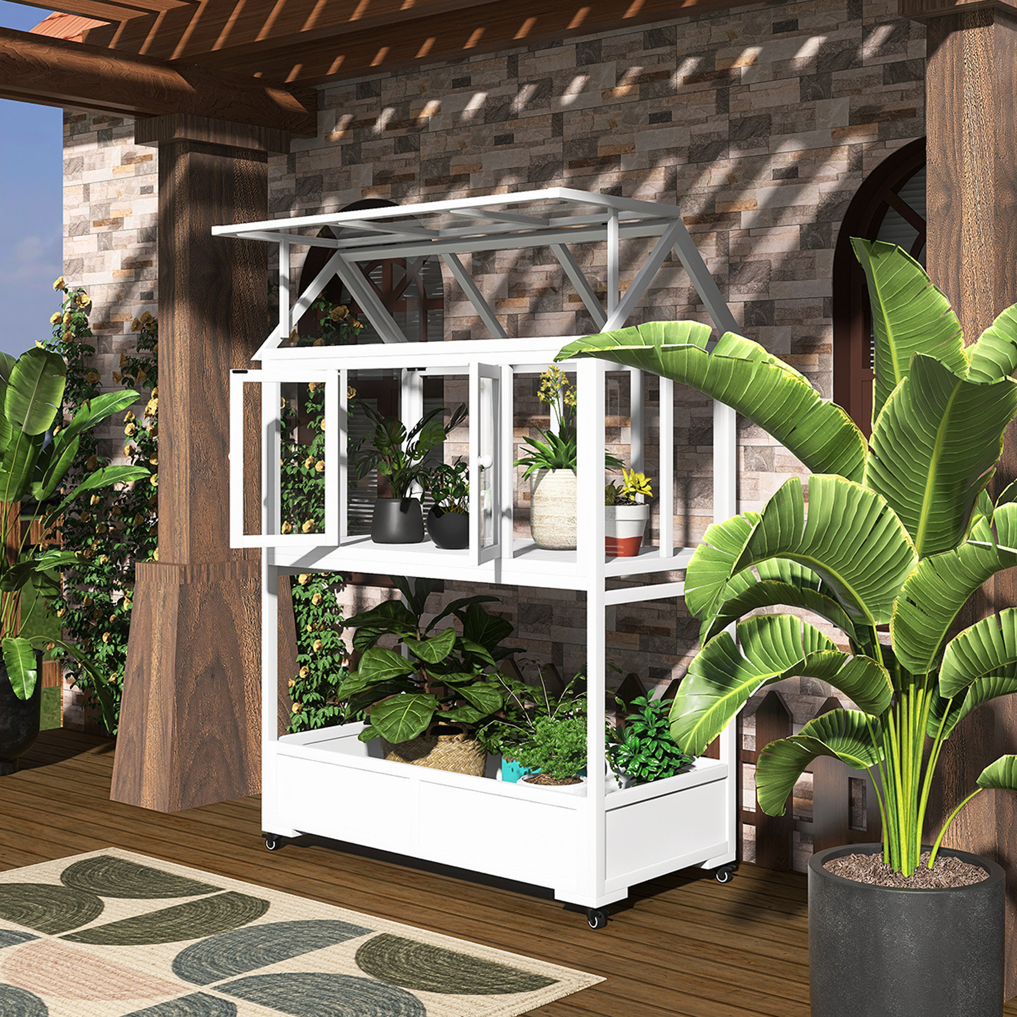 FONHOL 69.3'' Tall Wooden Portable Cold Frame Greenhouse With Wheels ...