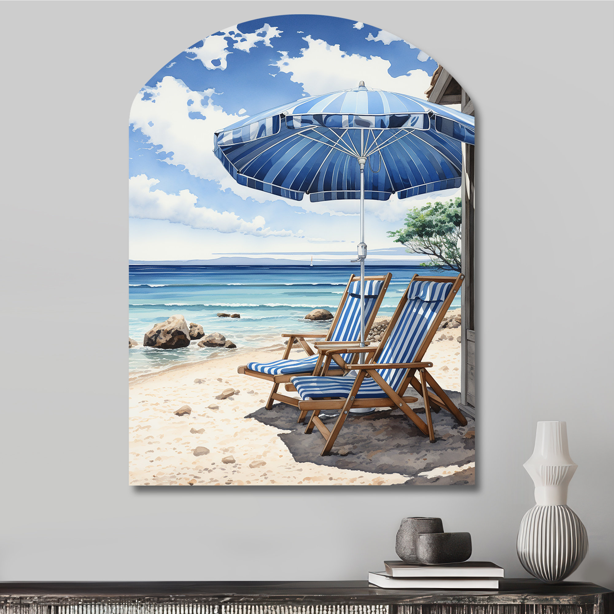 Design Art Beach Sandy Escape Pointillism I - Coastal Beach Arch Shape Metal Wall Sculpture ...