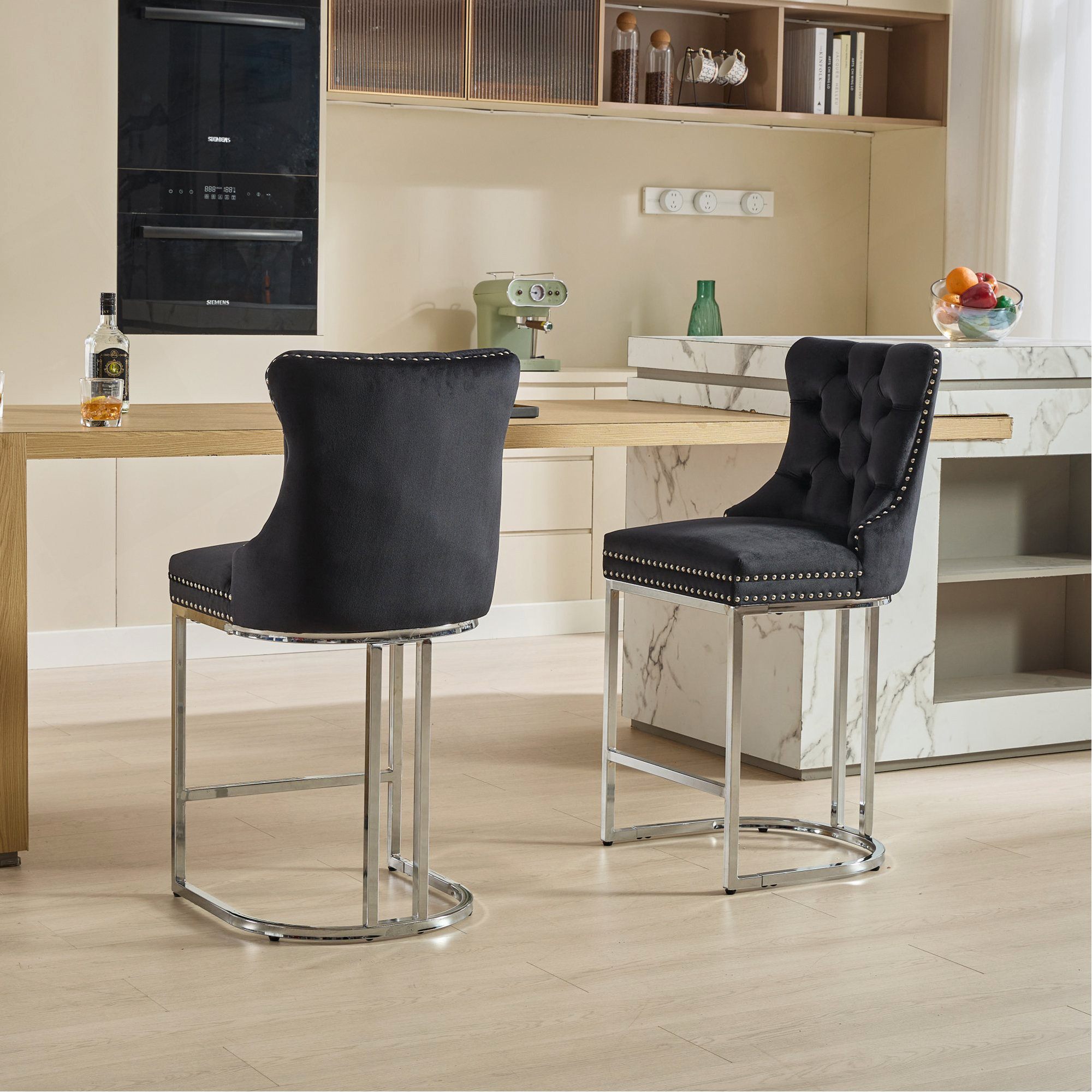 Latitude Run® Modern Velvet Barstools With Button Back&Rivet Trim ...
